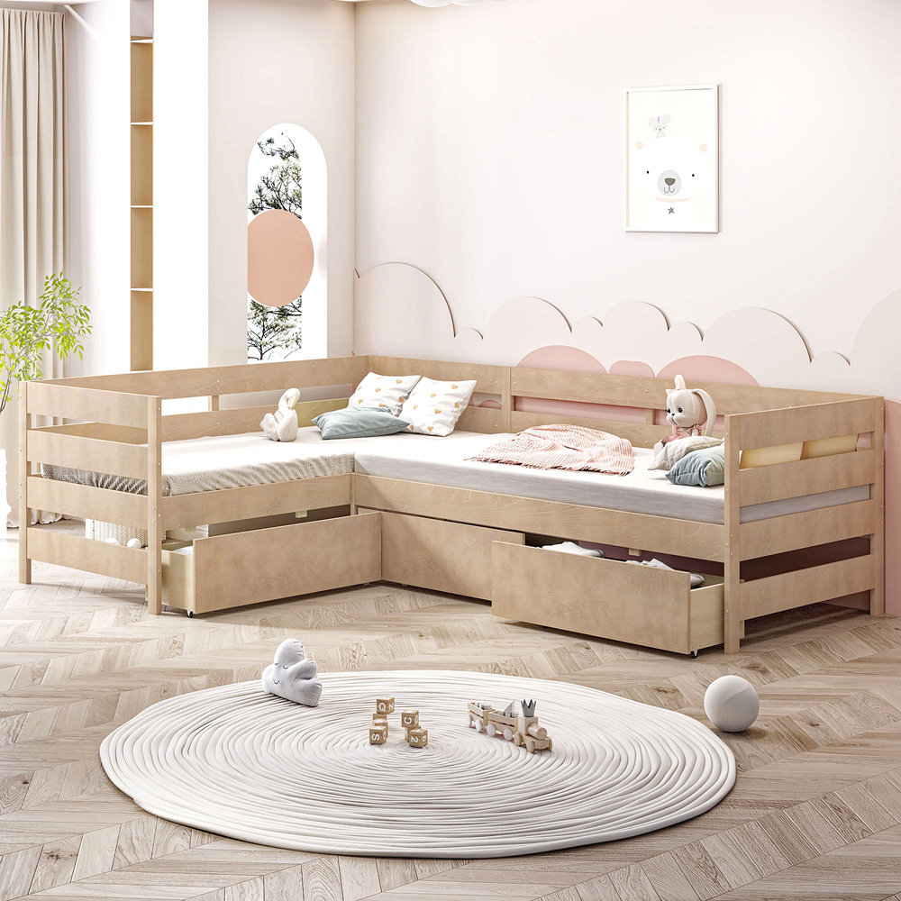 Harriet Bee Twin Size L-Shaped Platform Bed With Three Storage Drawers ...