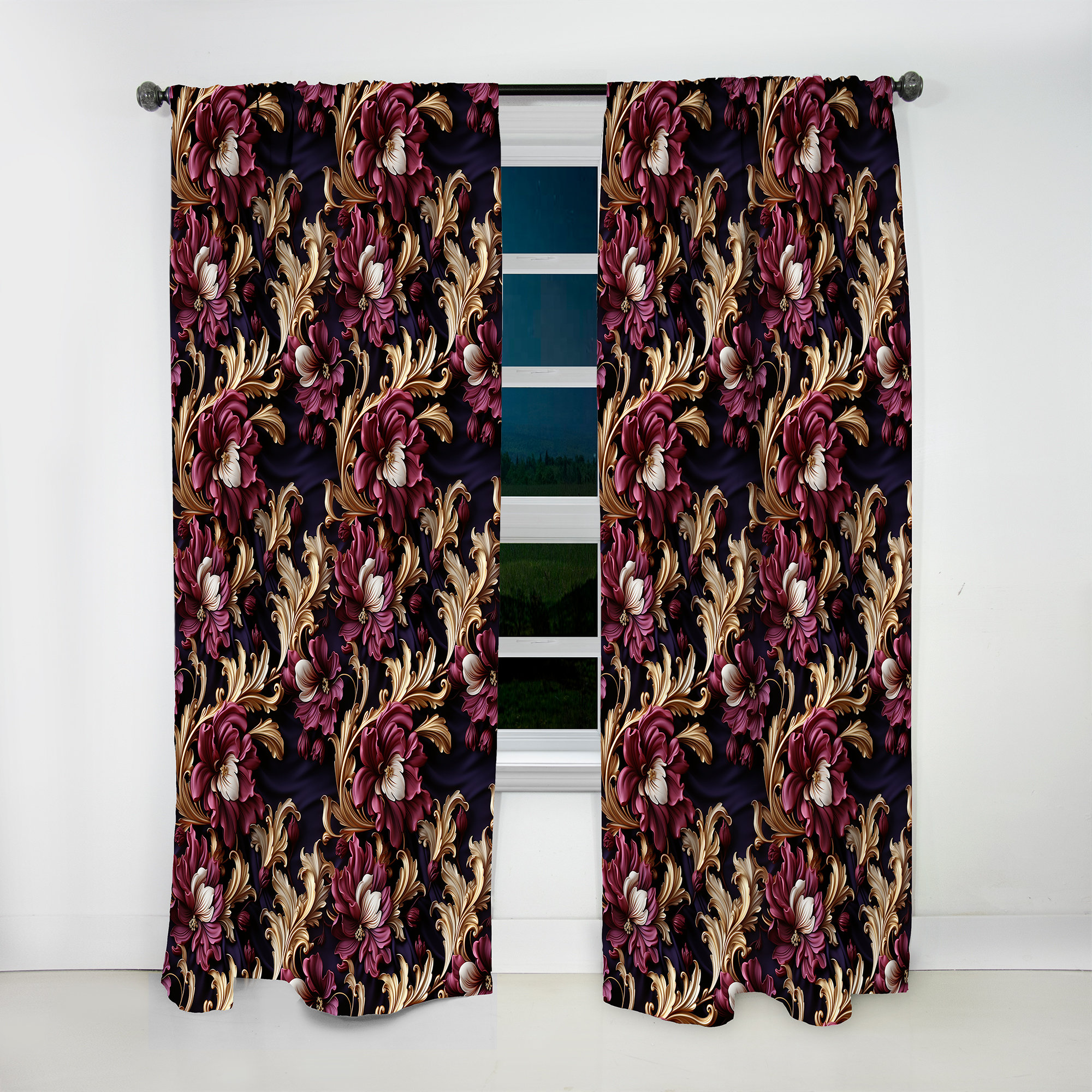 Design Art Timeless Purple Baroque Floral Dreams III - Damask Curtain ...