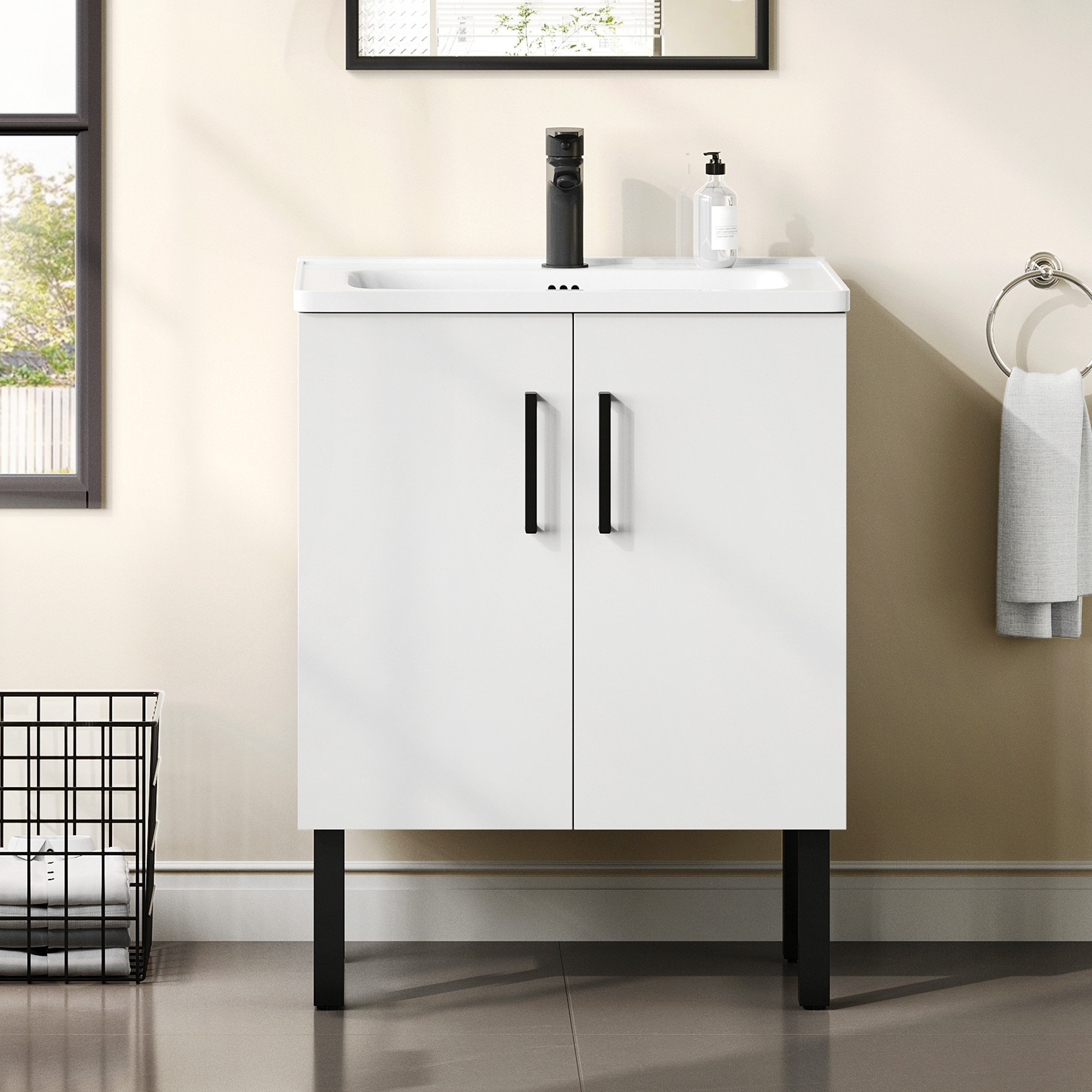 Ebern Designs Meuble-lavabo autoportant de 24 po avec lavabo en ...