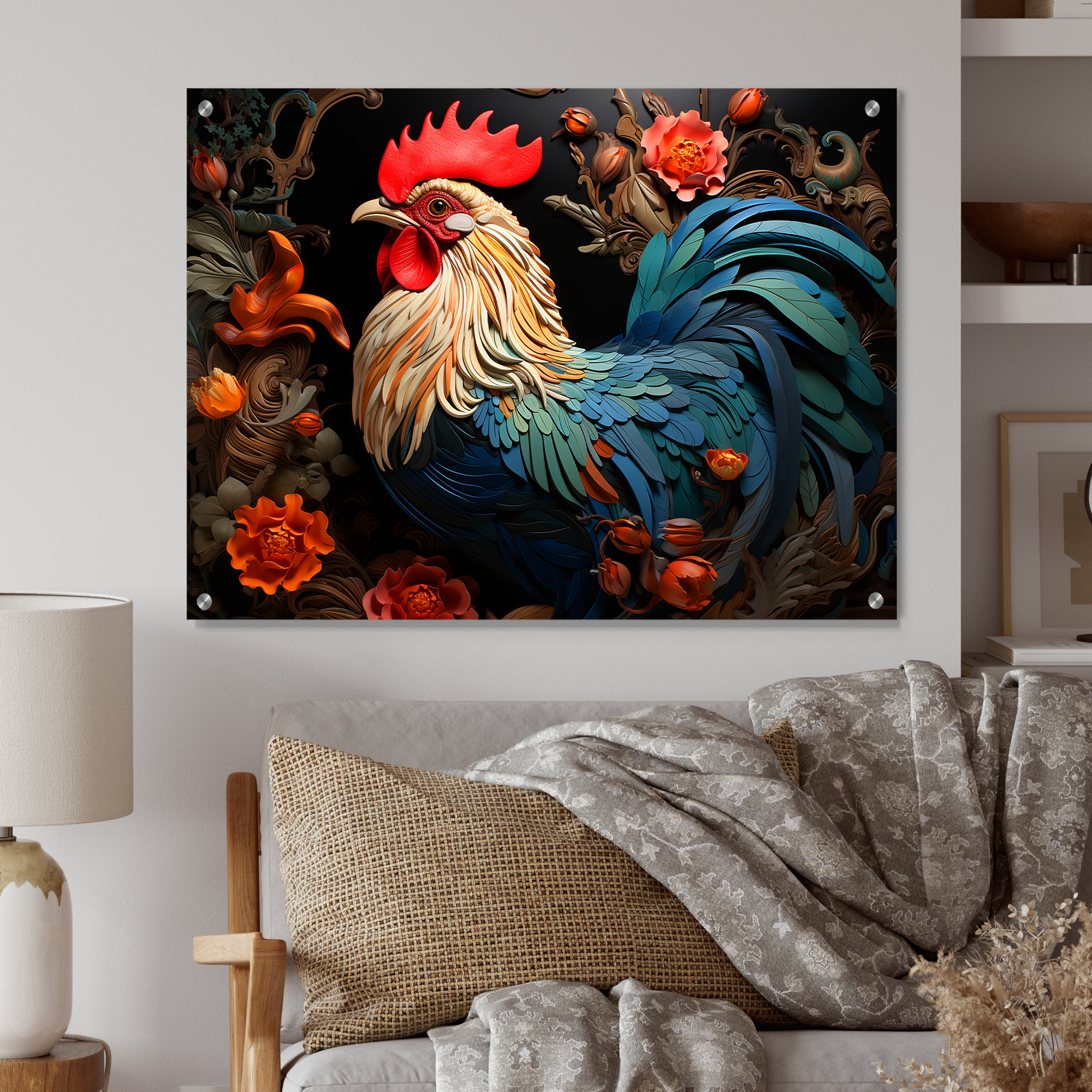 August Grove® Blue Rooster With Orange Flowers - Rooster Acrylic Wall ...