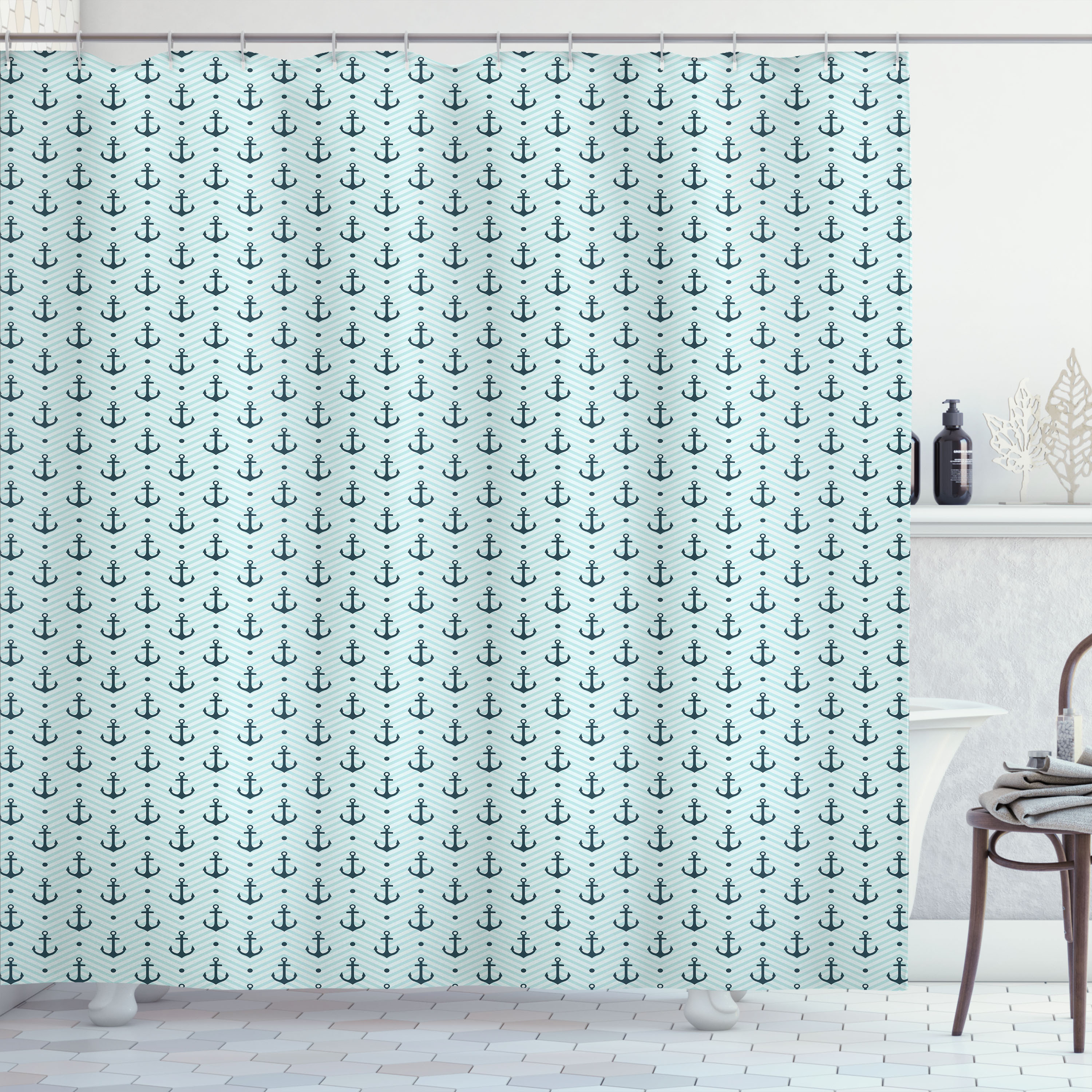 East Urban Home Anchor Shower Curtain Zigzags Maritime Dots Seafoam ...