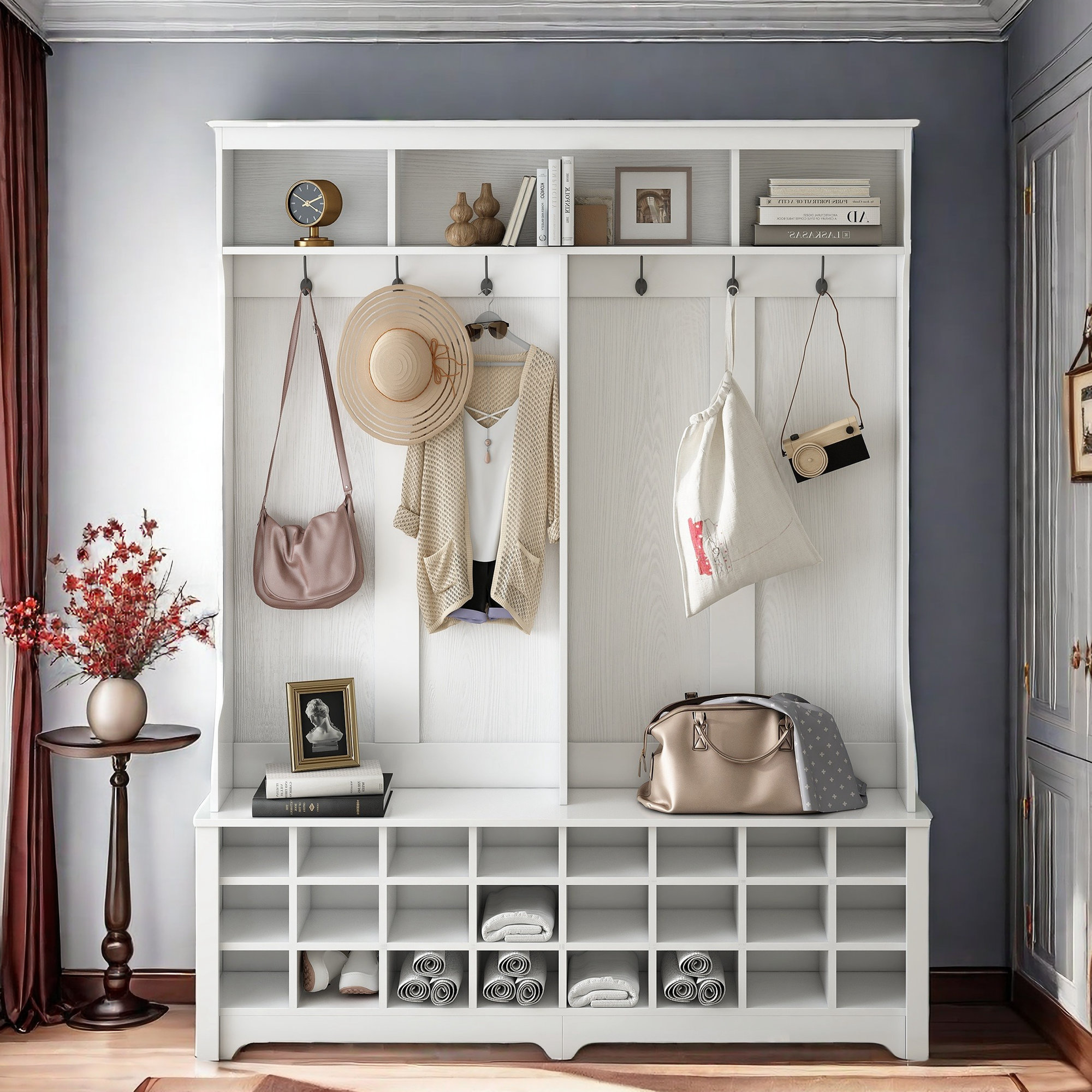 Lark Manor Hall Tree With 24 Shoe Cubbies, 3 Upper Compartments, Coat ...