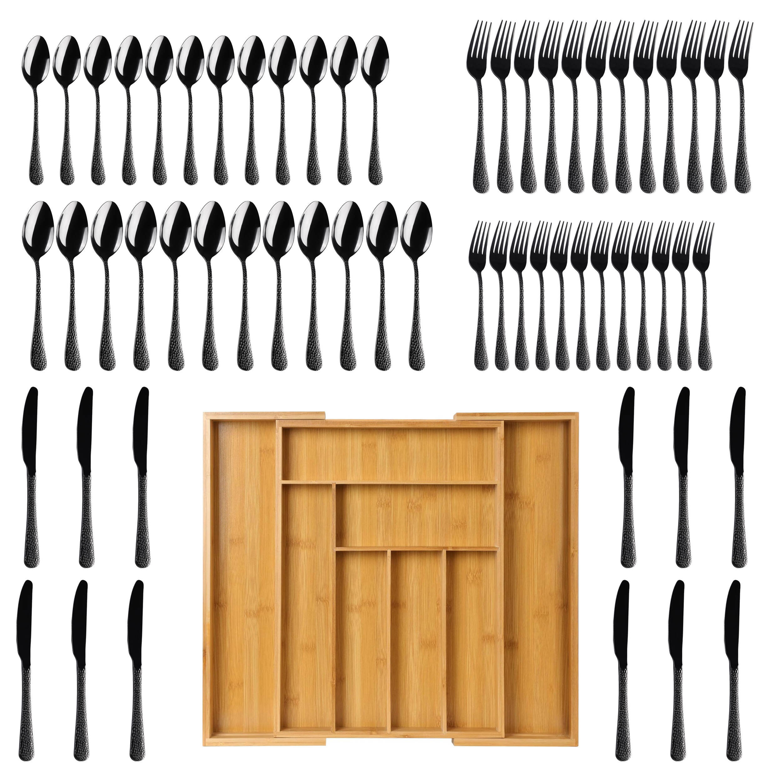Latitude Run® 40 Piece Forged Black Flatware Set Adjustable Bamboo ...