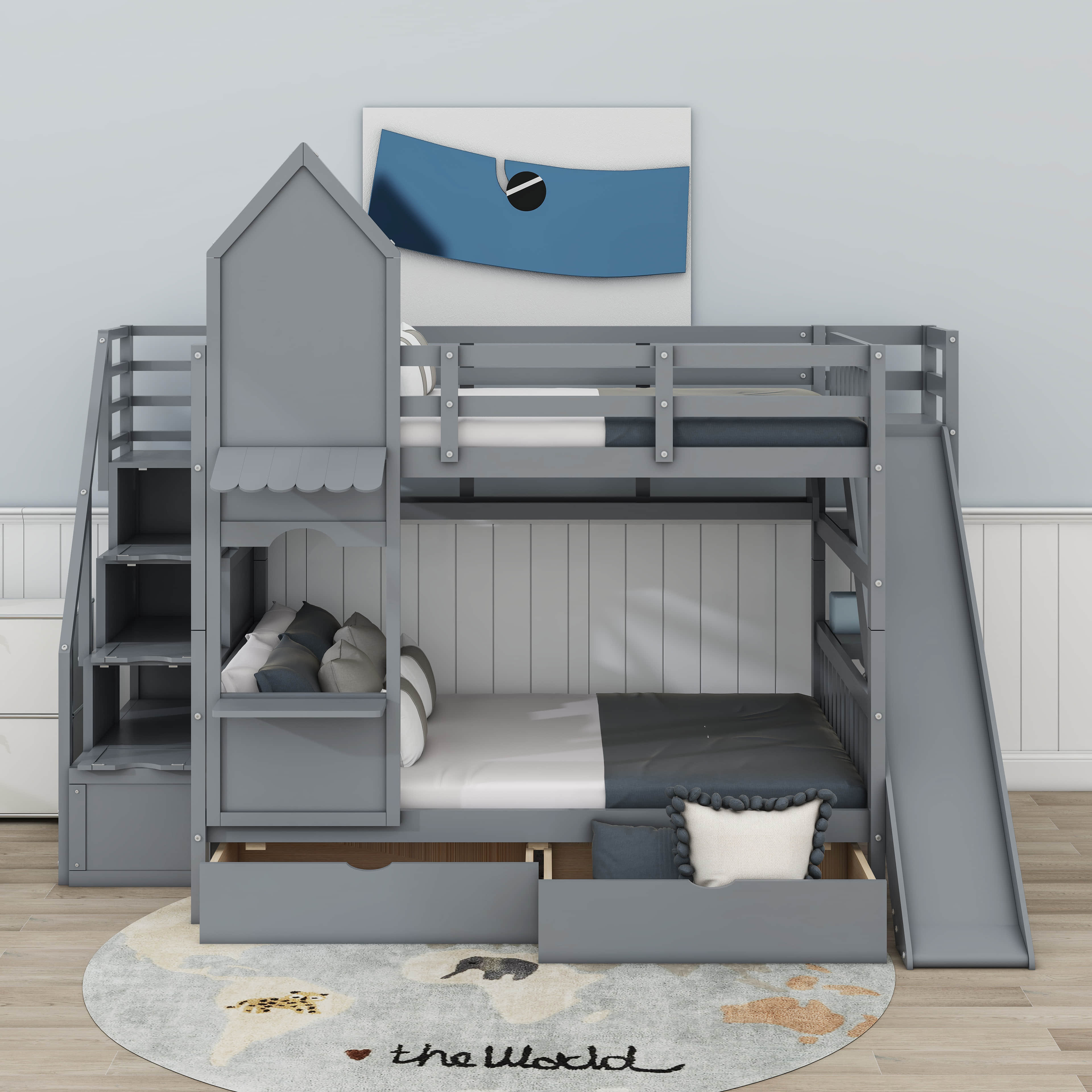 Harper Orchard Full-Over-Full Castle Style Bunk Bed with 2 Drawers，3 ...