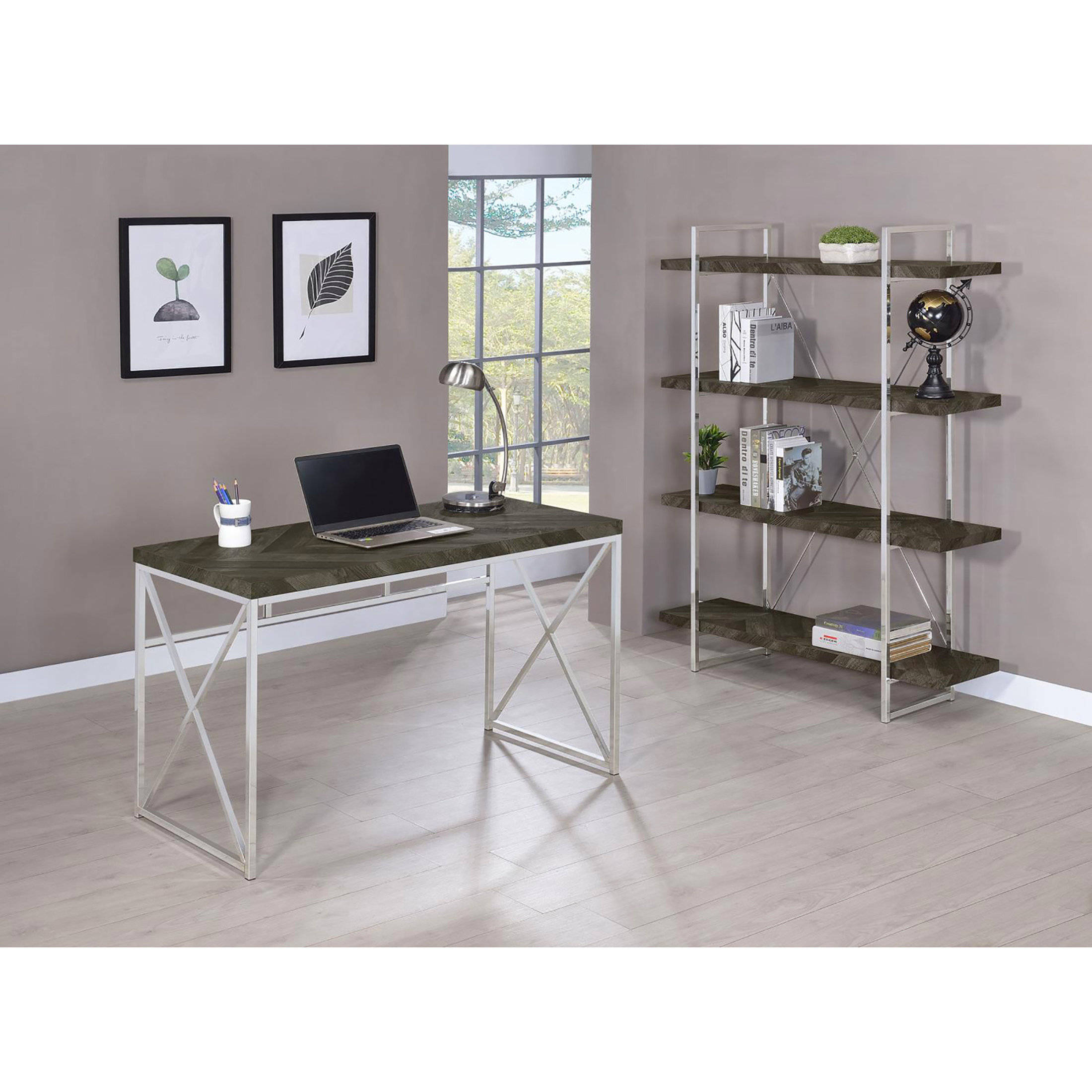 Ivy Bronx Rustic Grey Herringbone and Chrome Writing Desk - Wayfair Canada