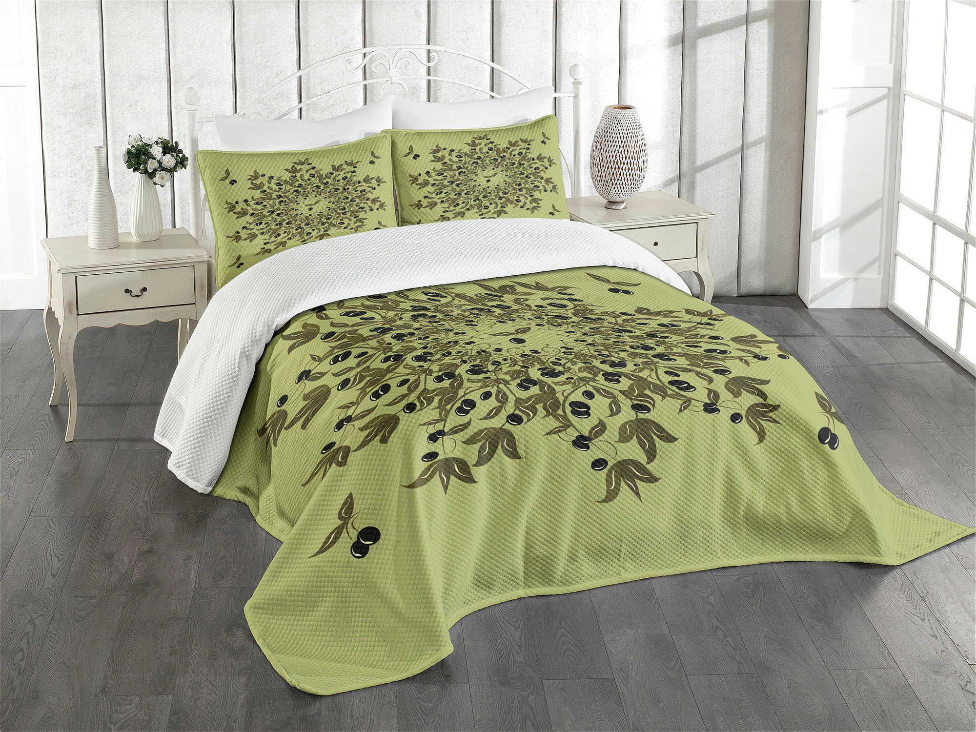Ambesonne Olive Green Bedspread Set Fruit Branches Olive Green Green ...