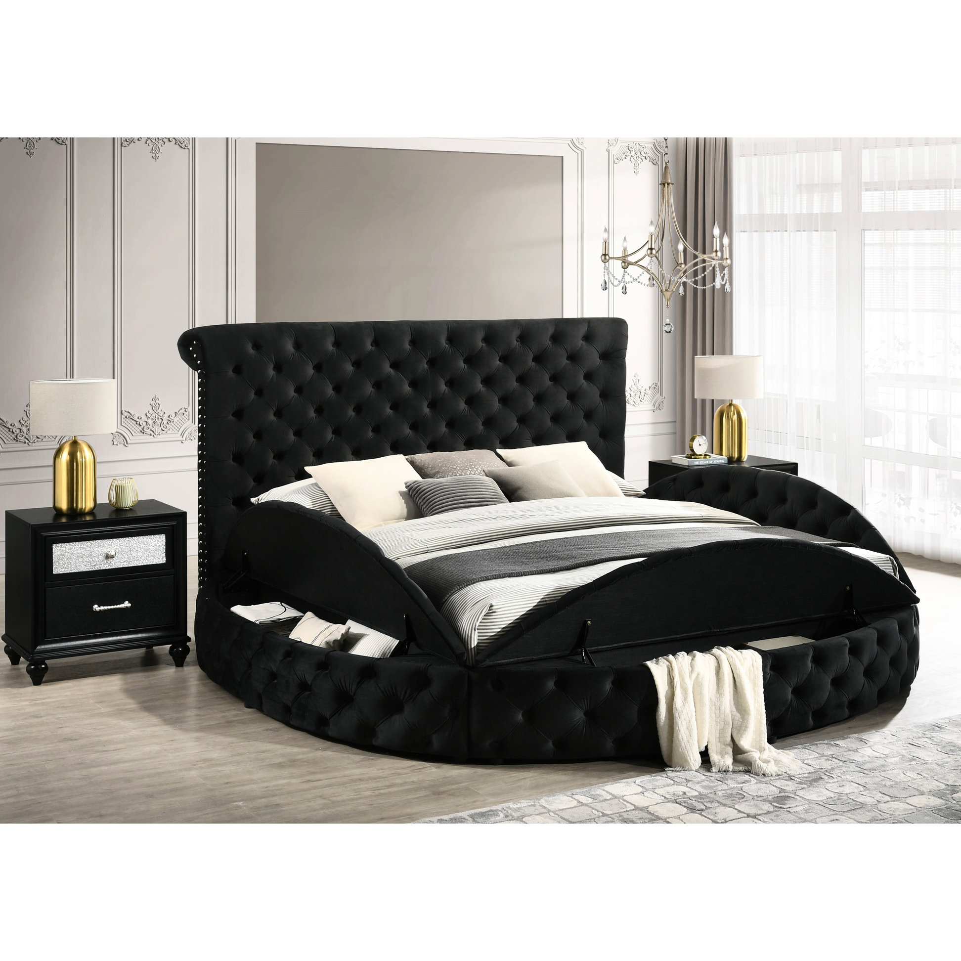 Rosdorf Park Black King Bed With Design, Storage Compartments, Nailhead ...