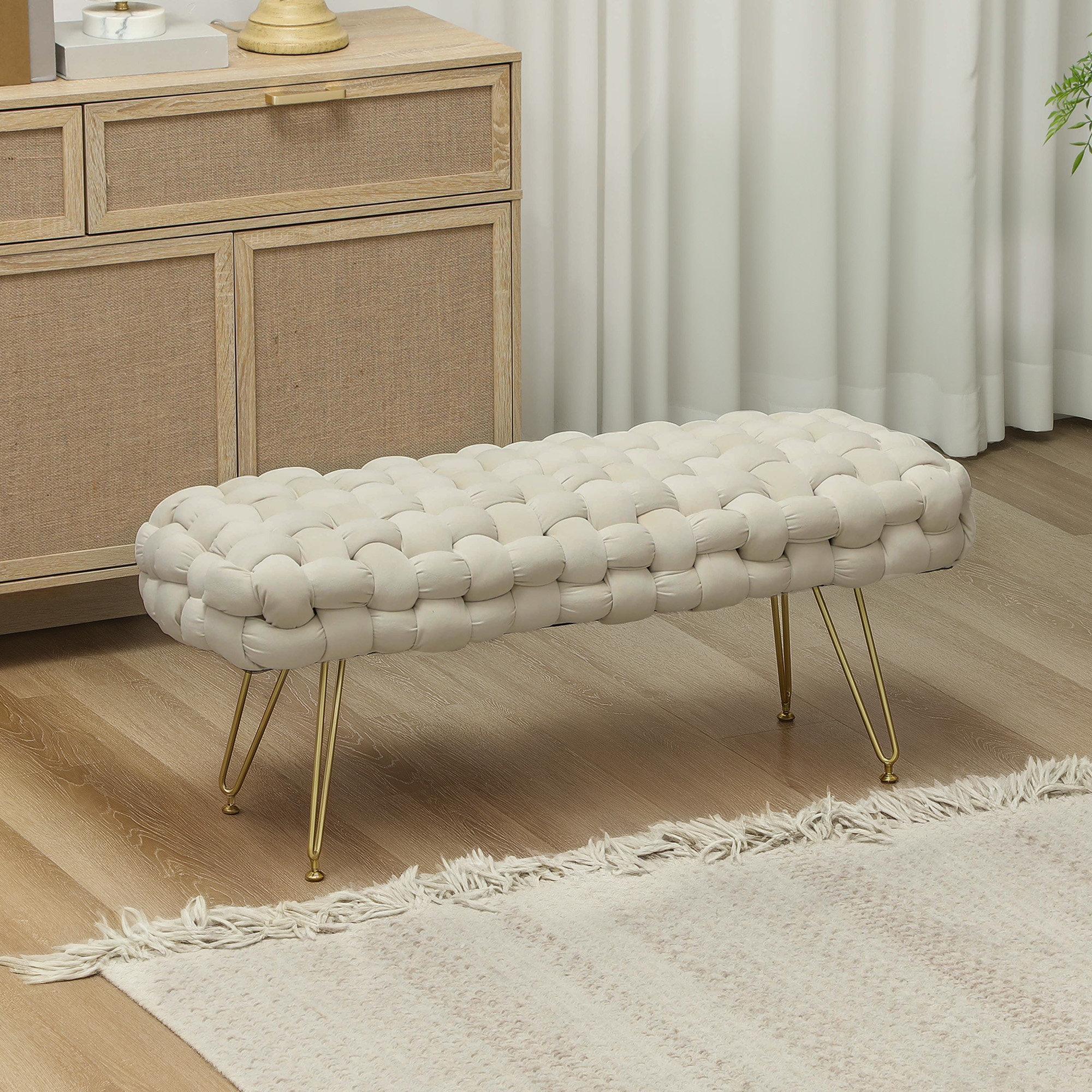Mercer41 Bedroom Bench Woven Upholstered Velvet End of Bed Bench Cream ...