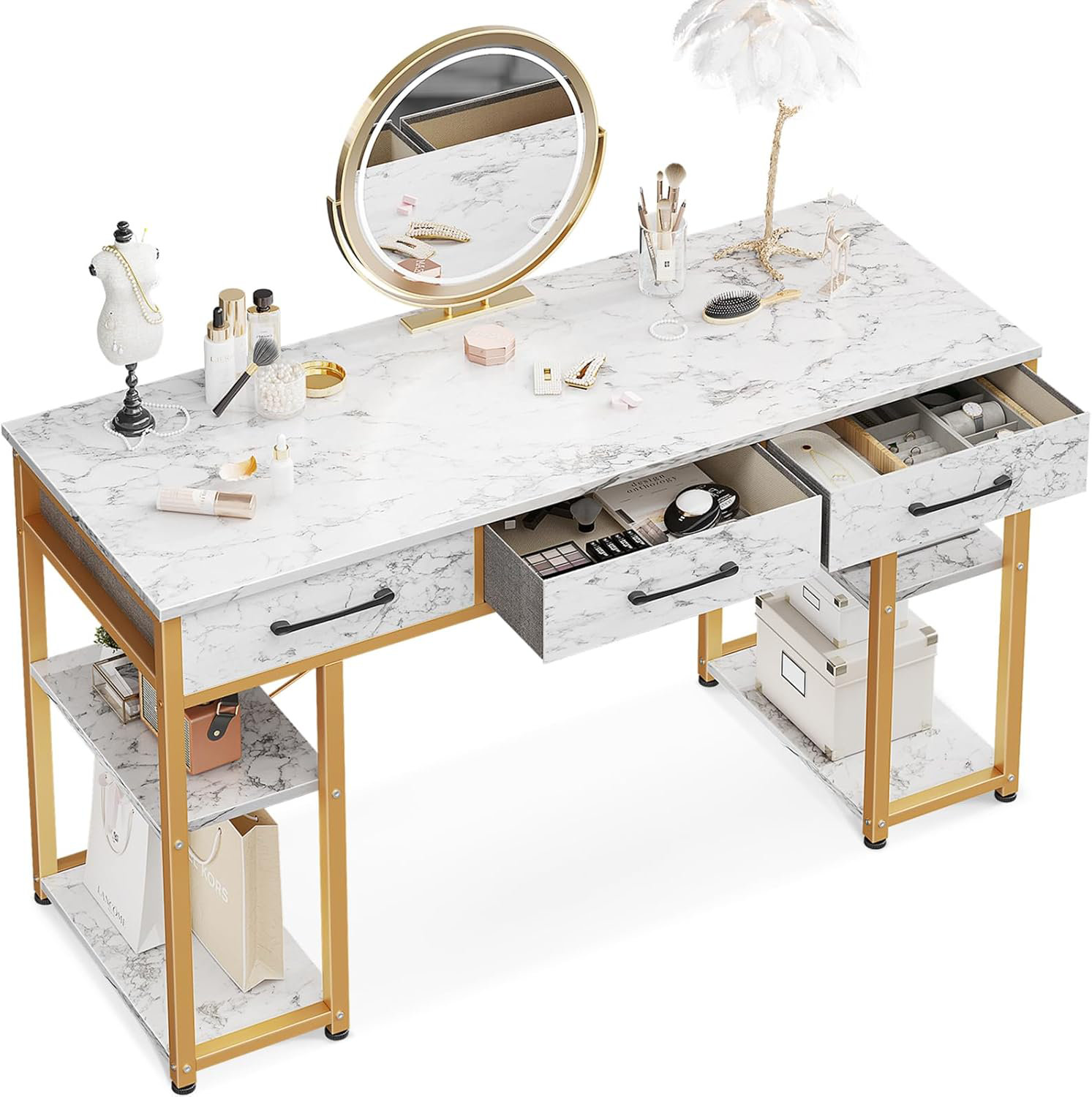 Mercer41 Desk With 3 Fabric Drawers & Storage Shelves, Makeup Dressing ...