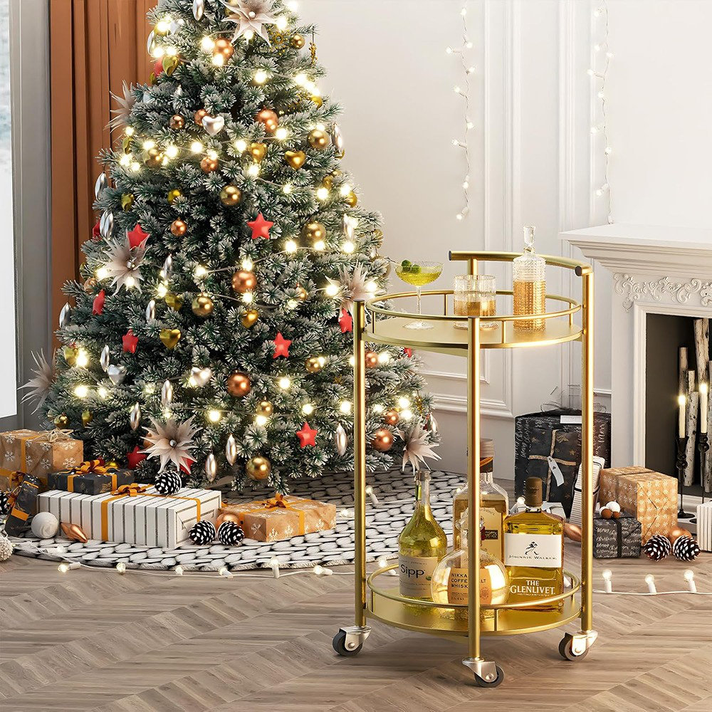 Ebern Designs Gold Rolling Cart For Home,2 Tiers Bar Serving Cart Rou ...