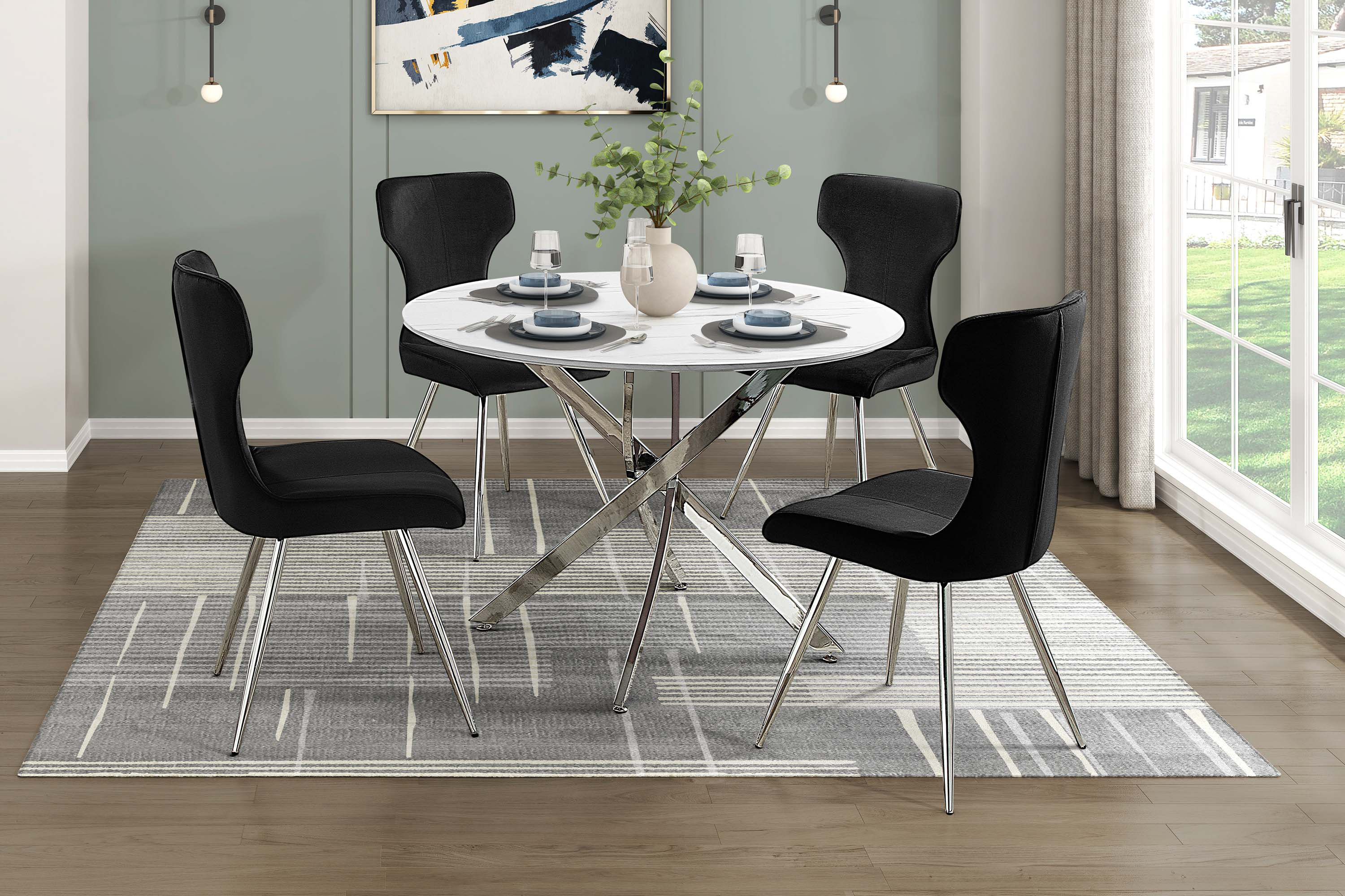 Orren Ellis Ultra Modern Dining Set 5pc Faux Marble Round Table and 4x ...