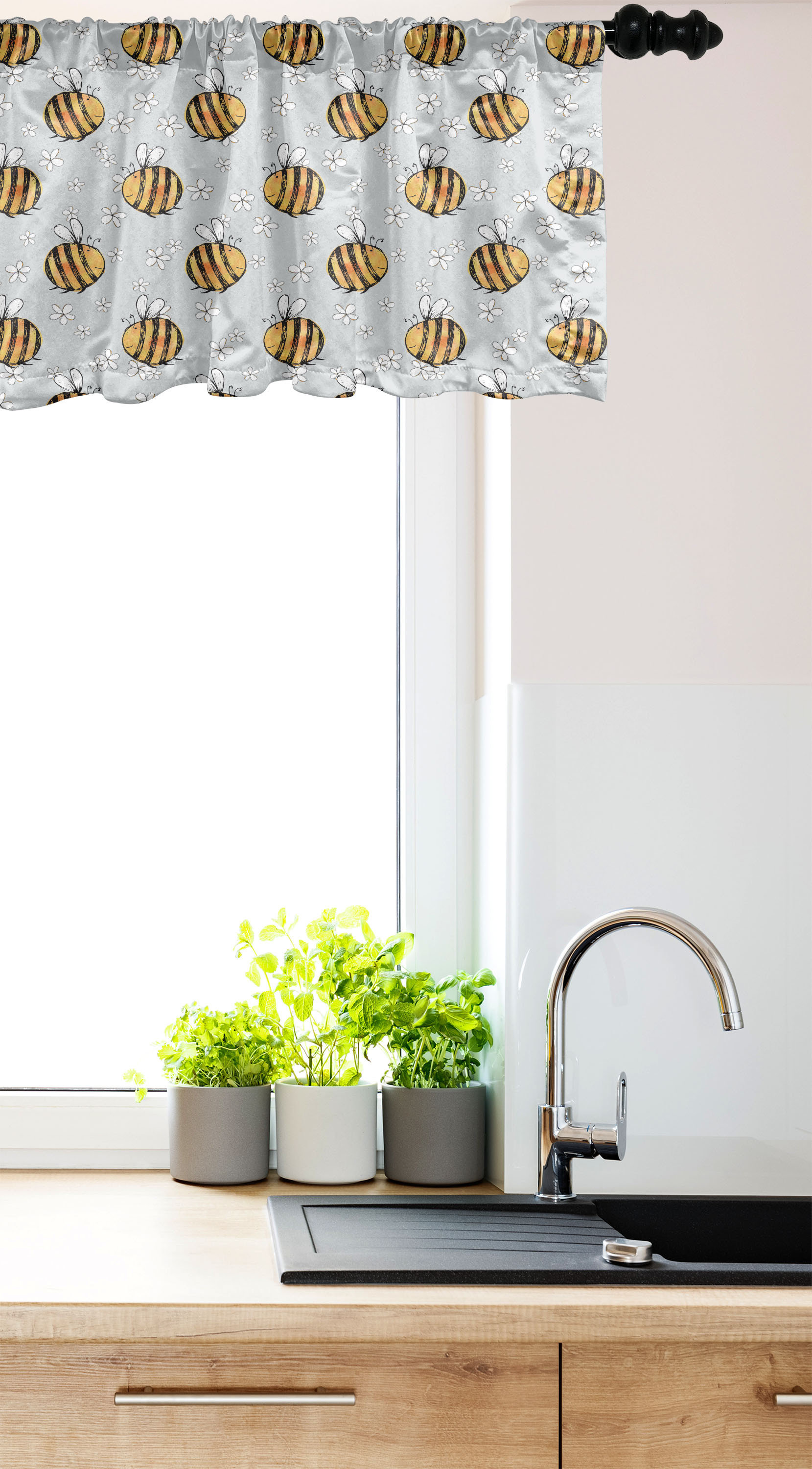 Ambesonne Honey Bee Valance Pack of 2 Hand Drawn Flower Scene Grey ...