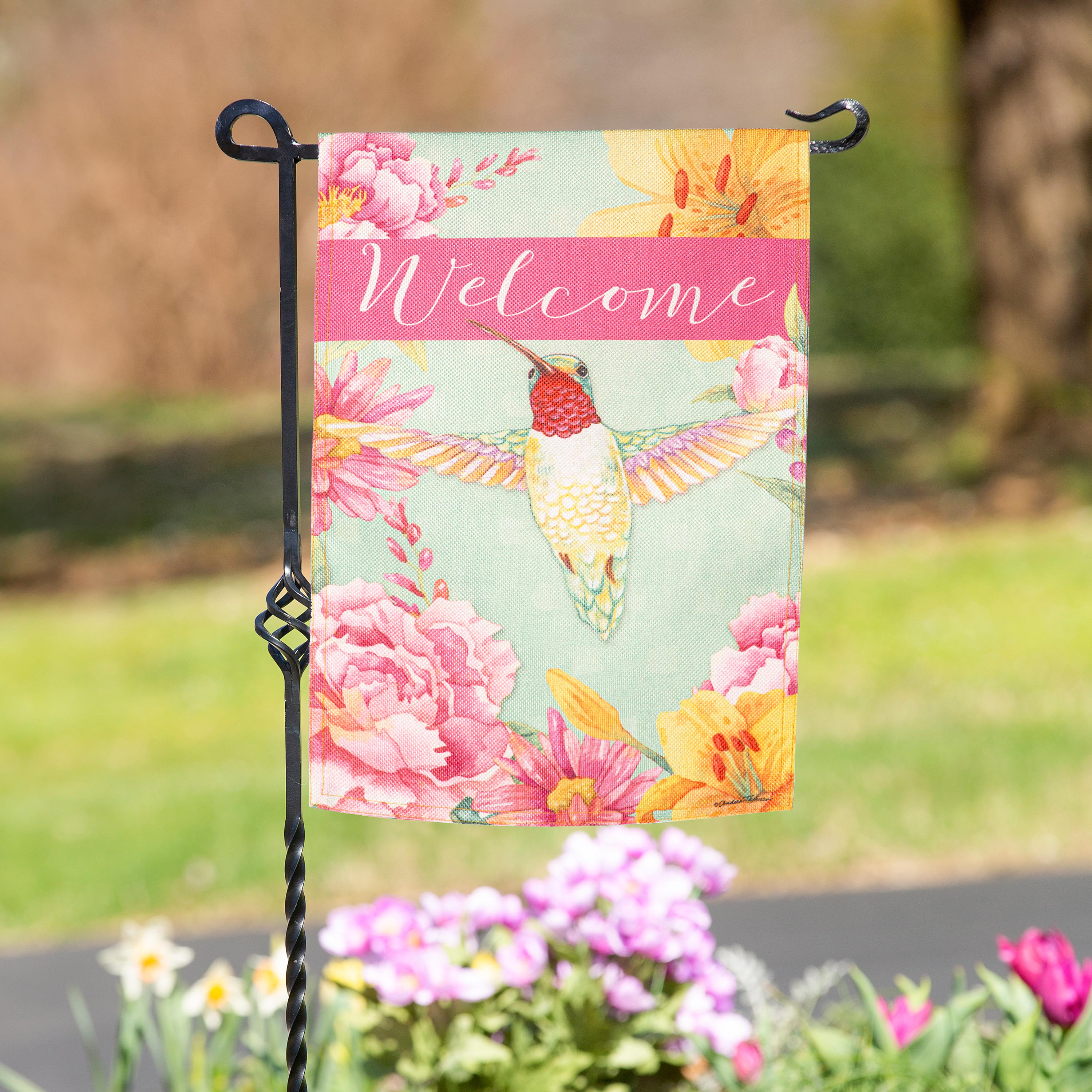 Ophelia & Co. Welcome Hummingbird Burlap Garden Flag | Wayfair