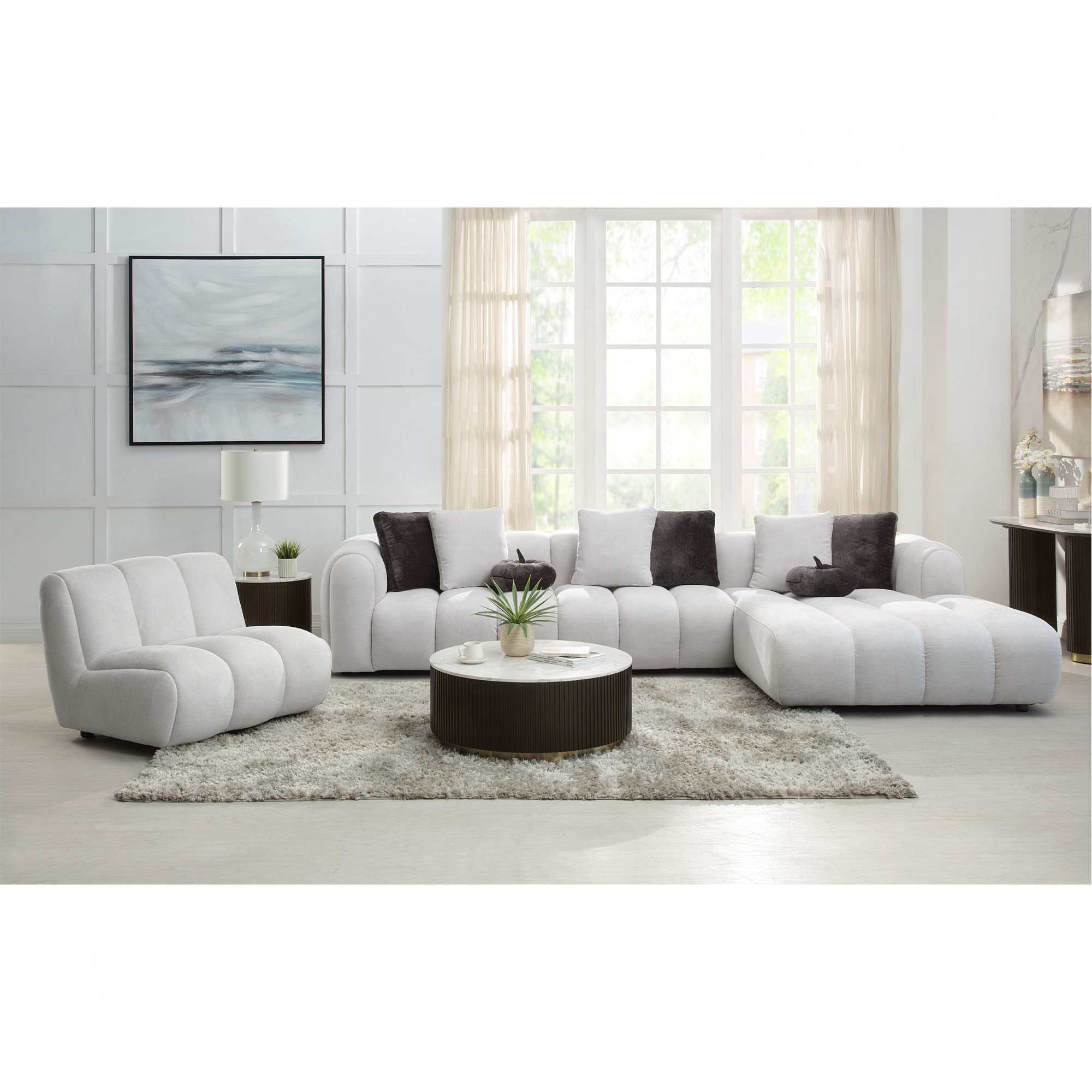 Hokku Designs Manilla Ivory White Linen 2 Pcs Sectional Sofa W/Chaise W ...