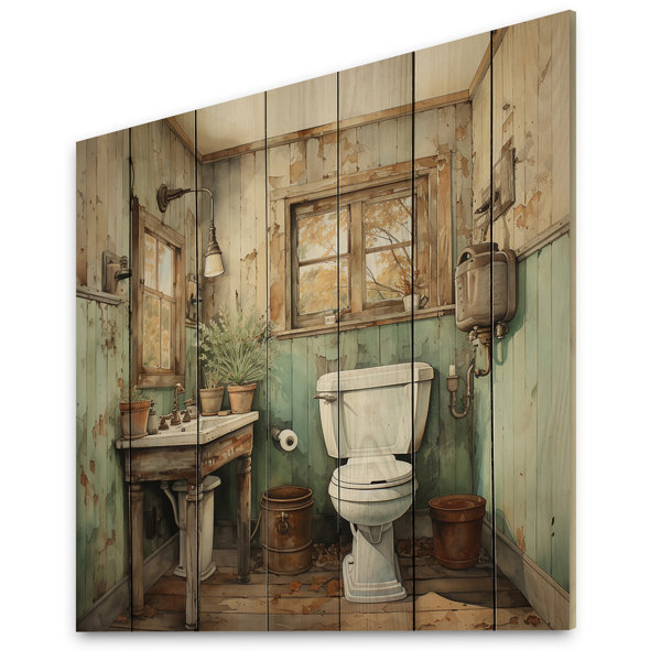 17 Stories Vintage Toilet Farmhouse Retro II On Wood Print | Wayfair