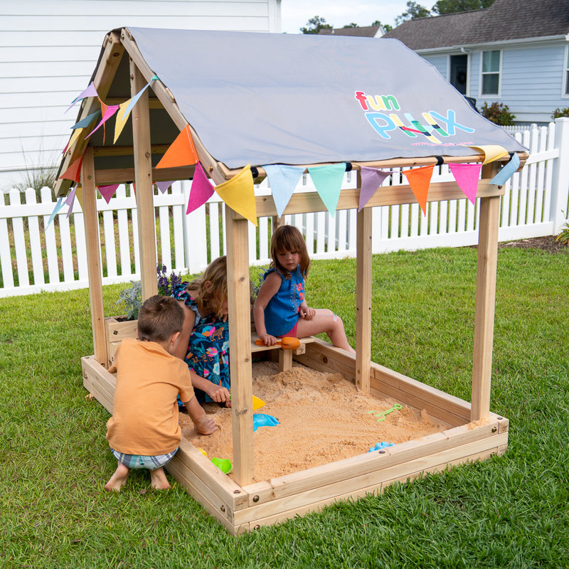 Funphix Dig n Play Wooden Sandbox Playhouse with Bench & Flower Planter ...
