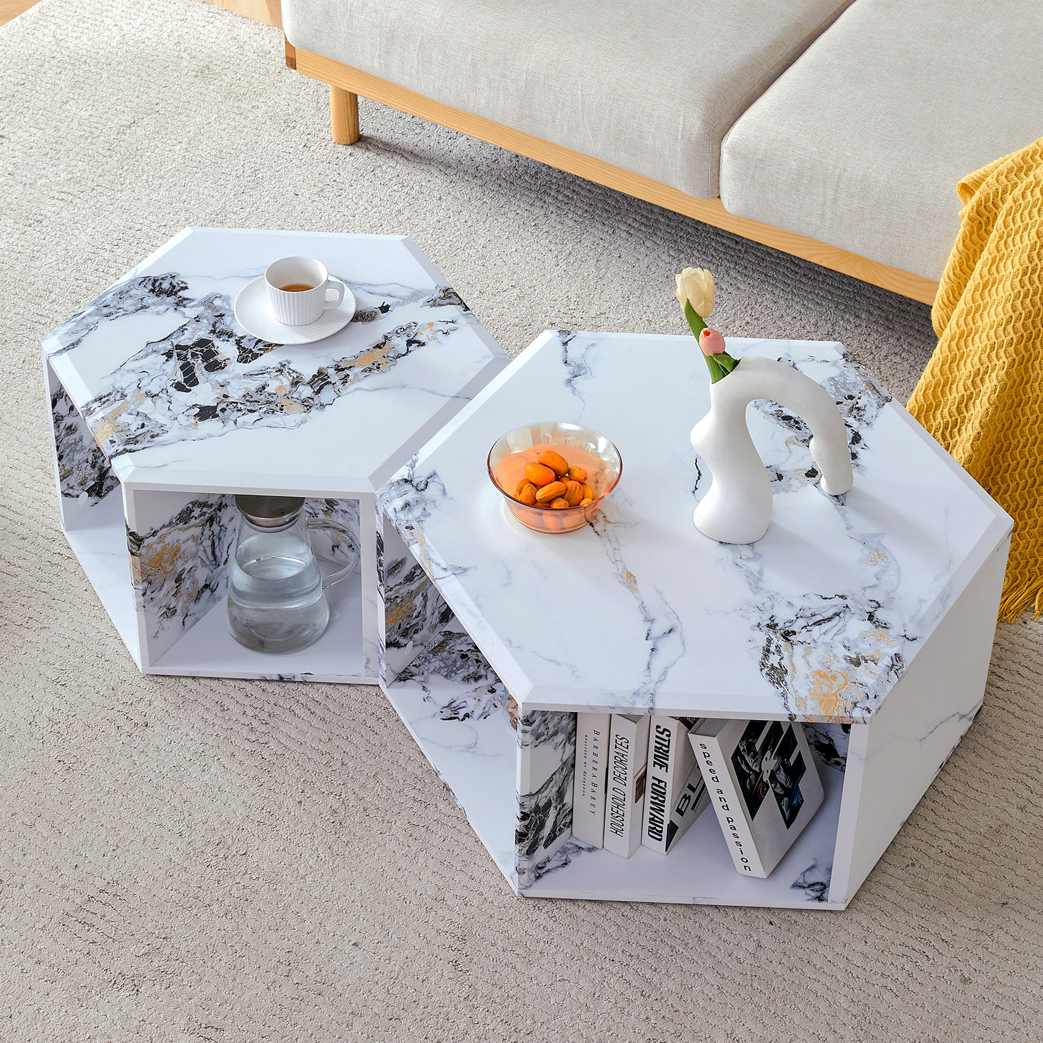 Ivy Bronx Minimalist Patterns Hexagonal Coffee Table Set.Hexagonal MDF ...