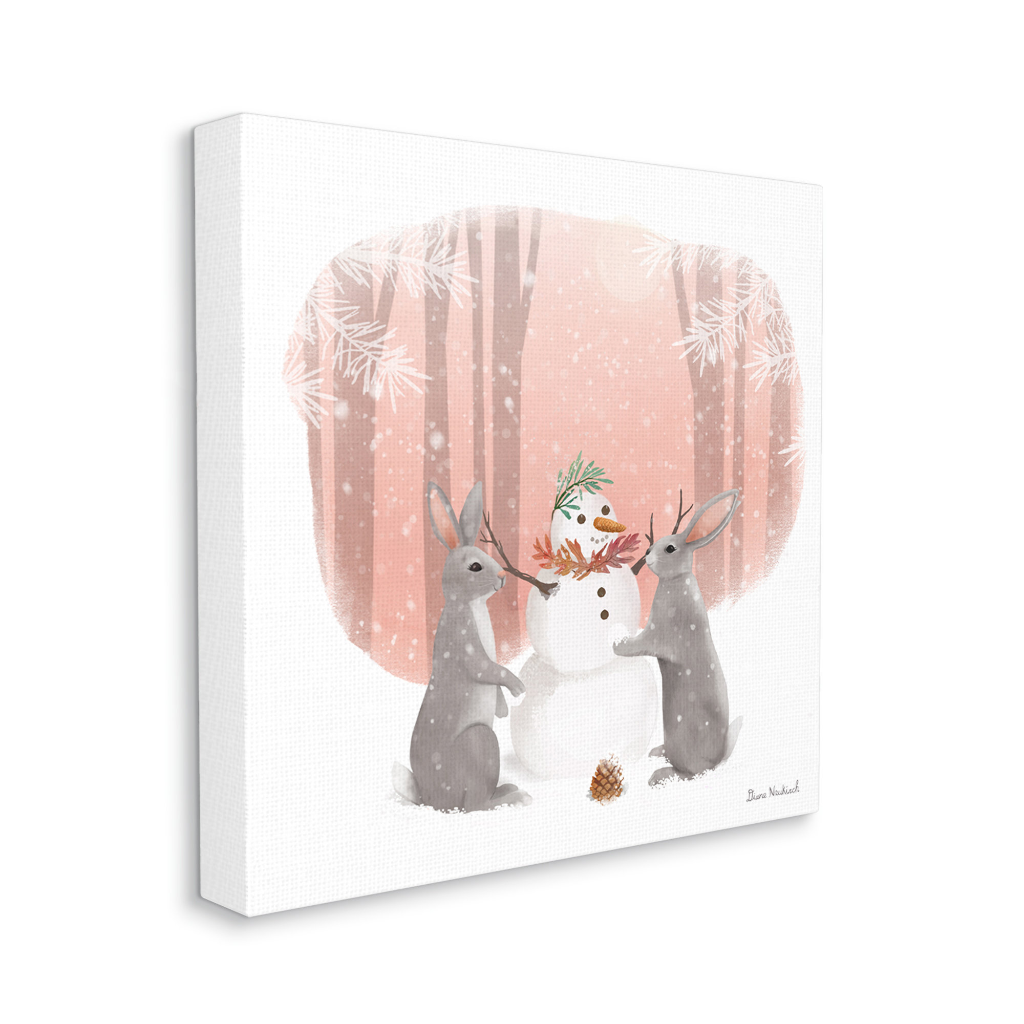 Stupell Industries Winter Rabbits Building Snowman Snowy Forest Scene ...