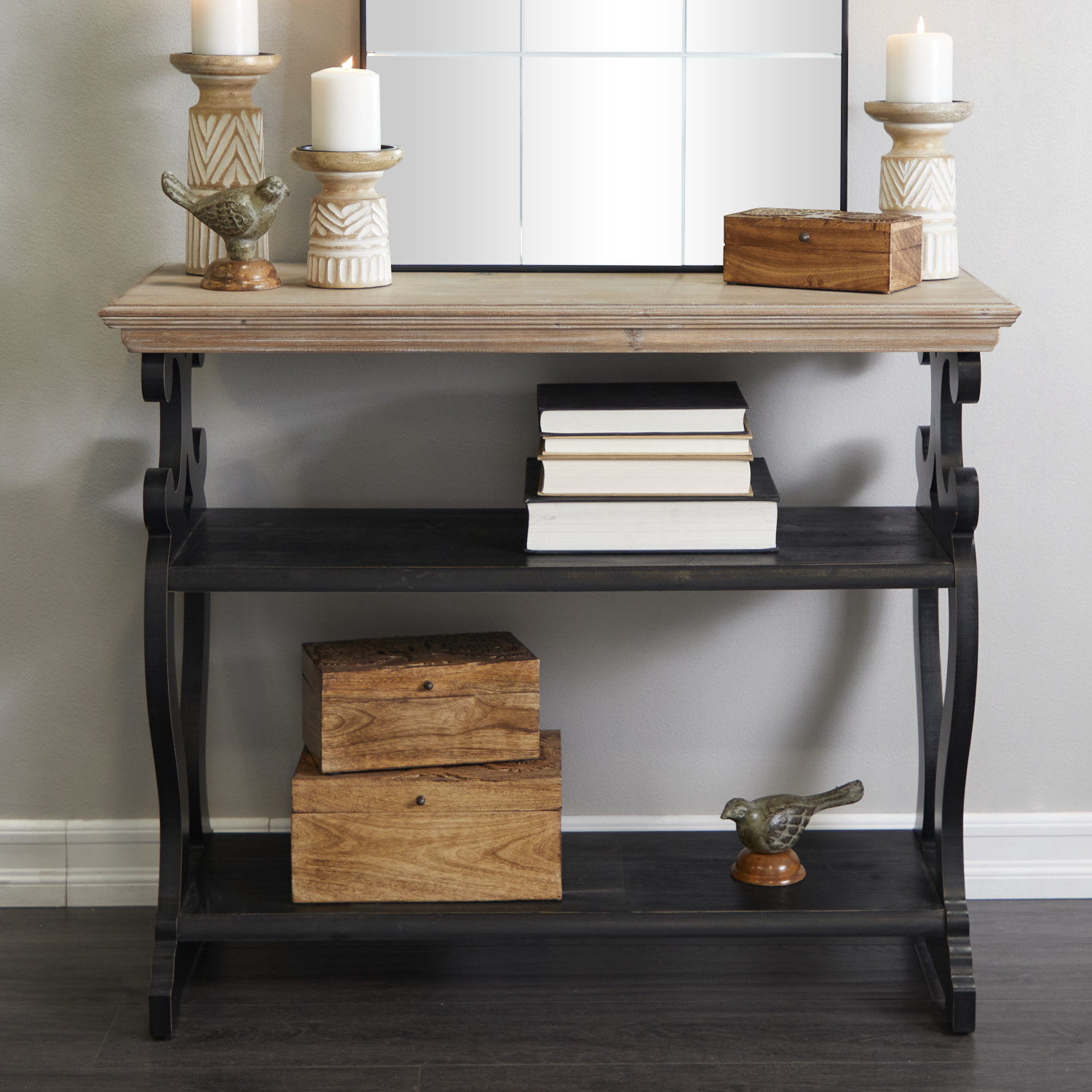 Gracie Oaks Czajkowski Wood Scroll Side Frames 2 Shelf Console Table ...