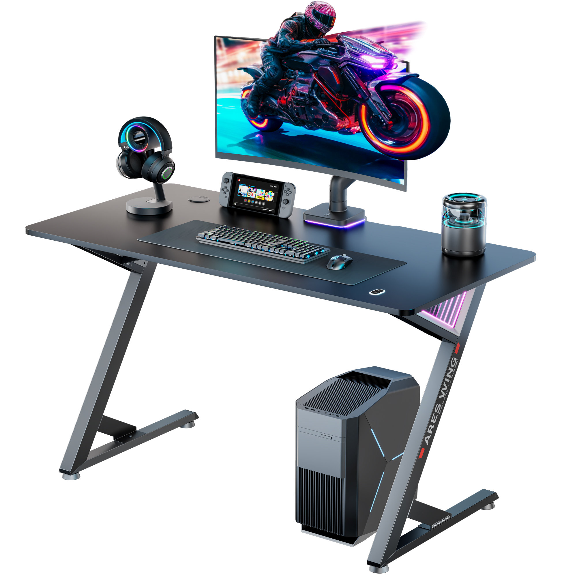 ARES WING Gaming Desk with Infinity Mirror RGB Light Office Computer ...