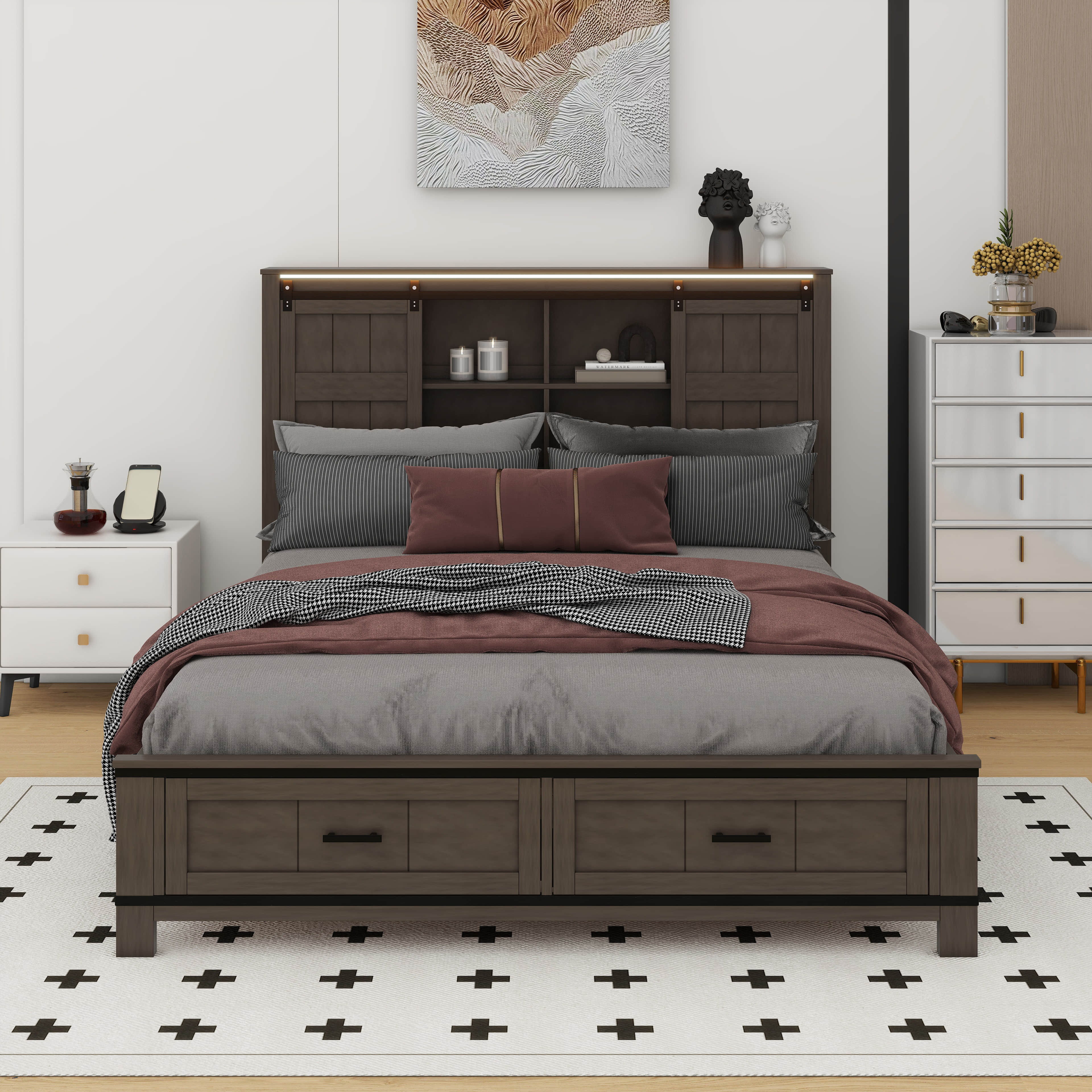 Lark Manor Grand lit plateforme en bois à DEL avec tête de grange, USB et tiroirs - Wayfair Canada