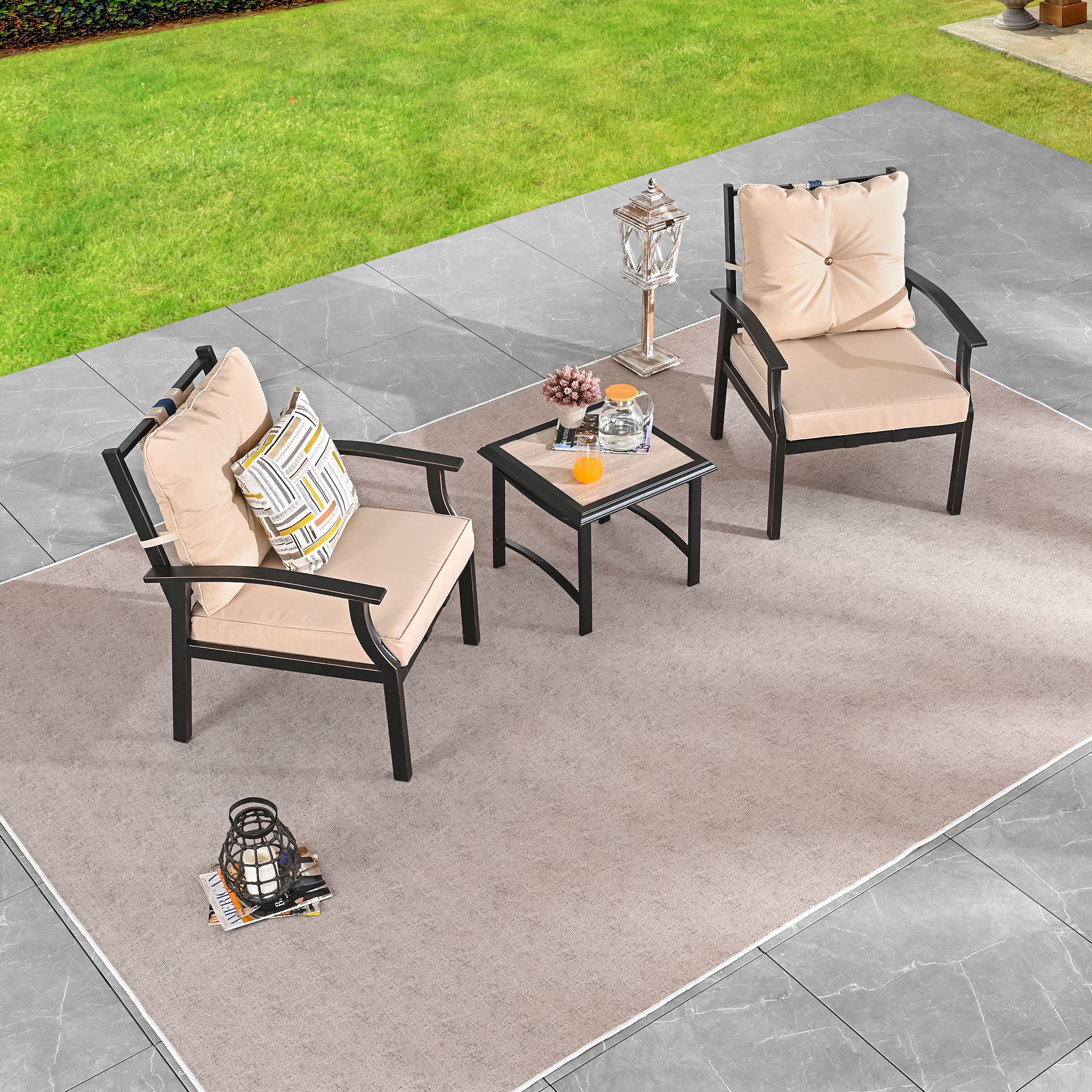 Winston Porter 3-Piece Metal Patio Conversation Set With Beige Cushions ...