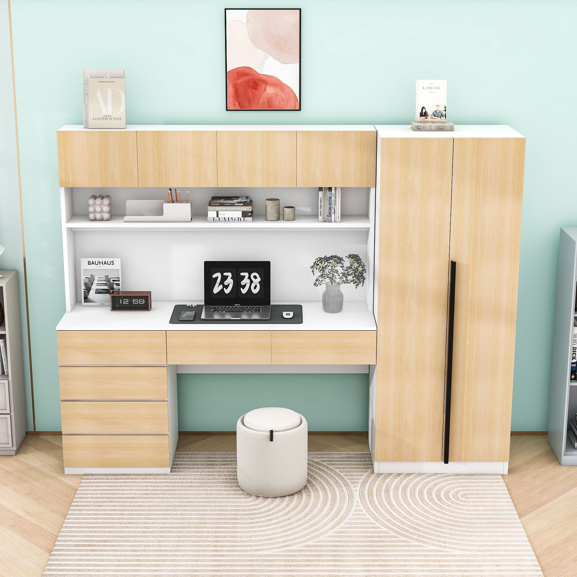 Latitude Run® 2-Door Wood Wardrobe with Desk, Shelves and Drawers ...