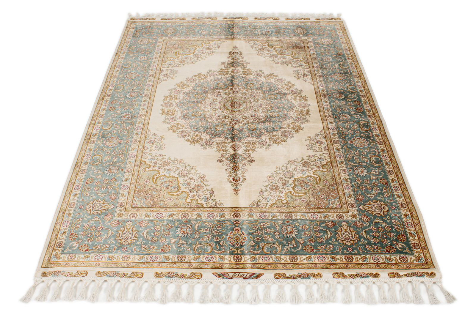 Home and Rugs 5x7 Ivory and Blue Turkish Silk Rug | Wayfair