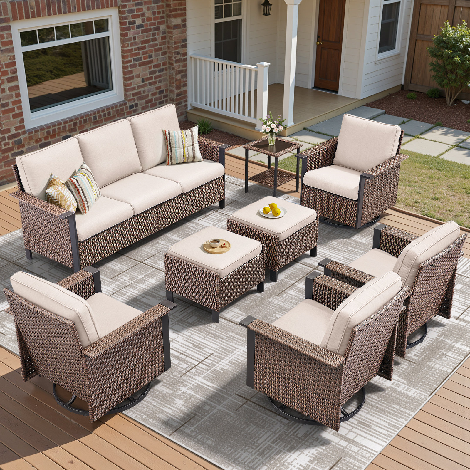 Latitude Run® 7-9 Person Outdoor Courtyard Wicker Family Conversation ...