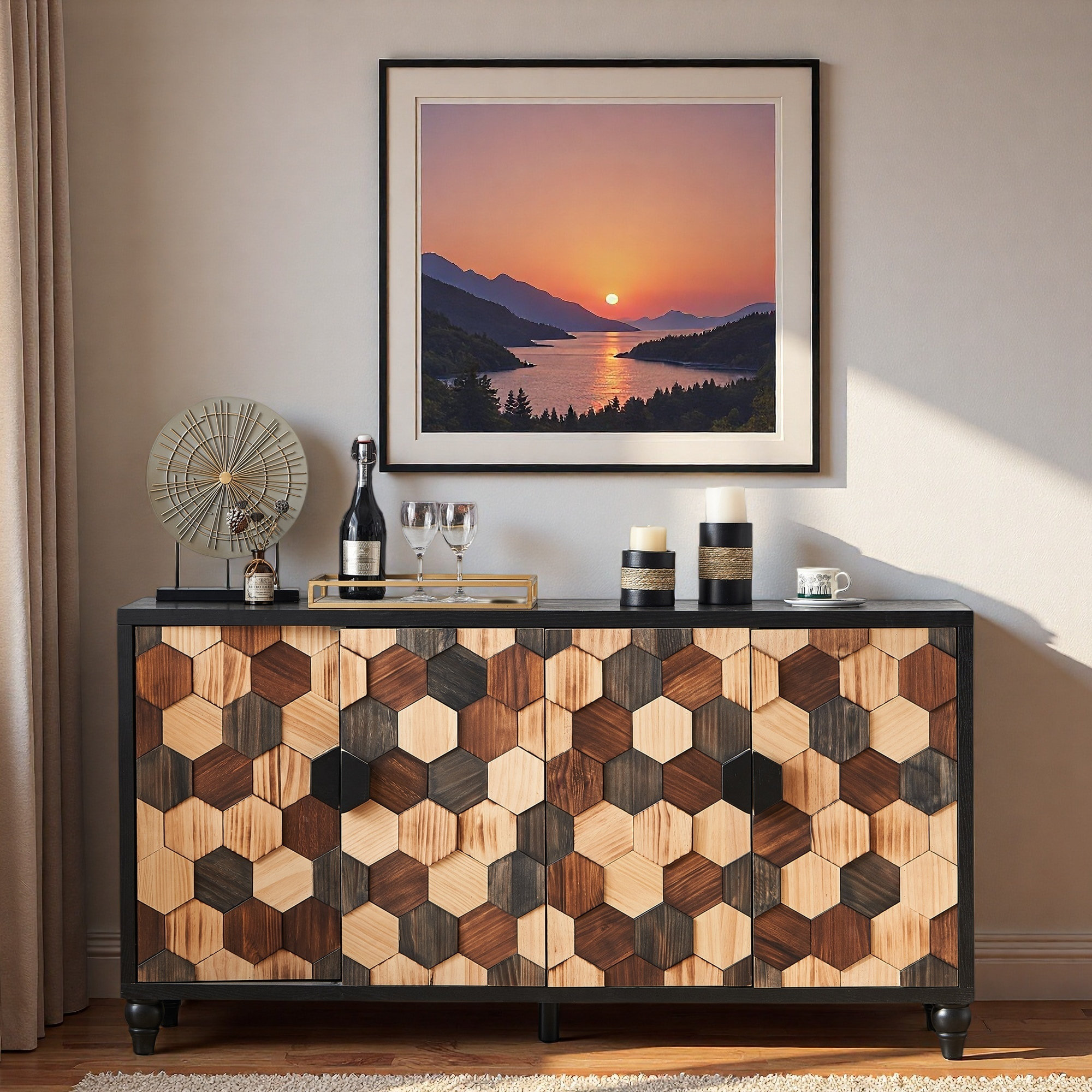 Latitude Run® Buffet Sideboard With Honeycomb Pattern And Pine Wood ...