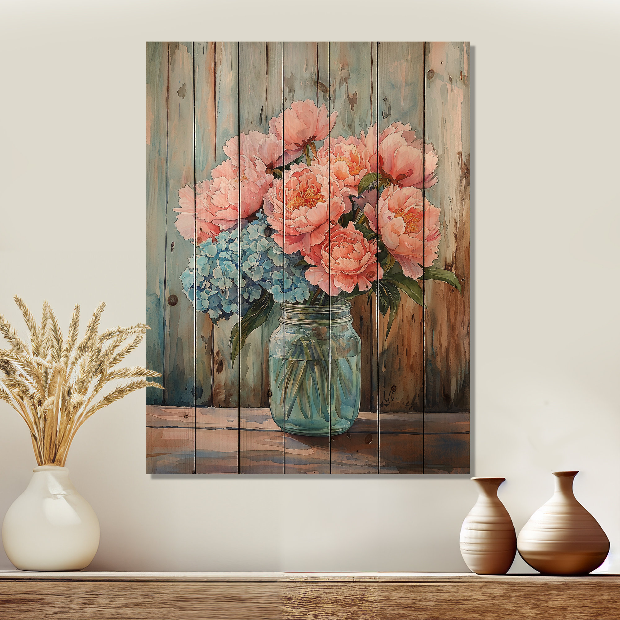 Ophelia & Co. Pastel Peony Bouquet At The Farm I - Peonies Wood Wall Art - On Natural Pine Wood ...