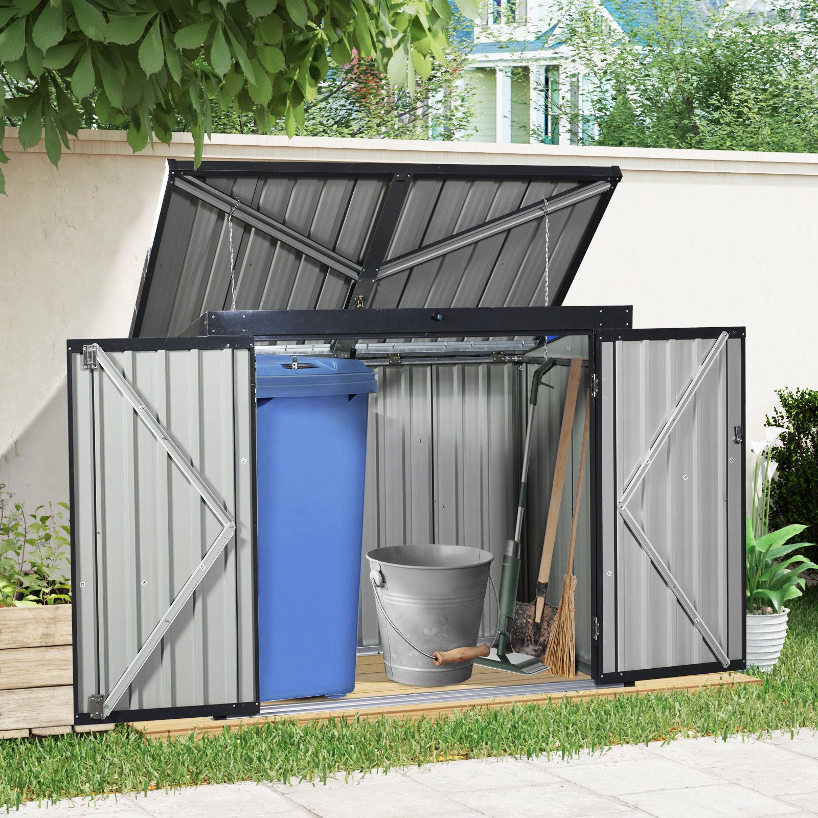 GAMLIF Garbage Bin Shed Stores 2 Trash Cans Metal Outdoor Bin Shed For ...