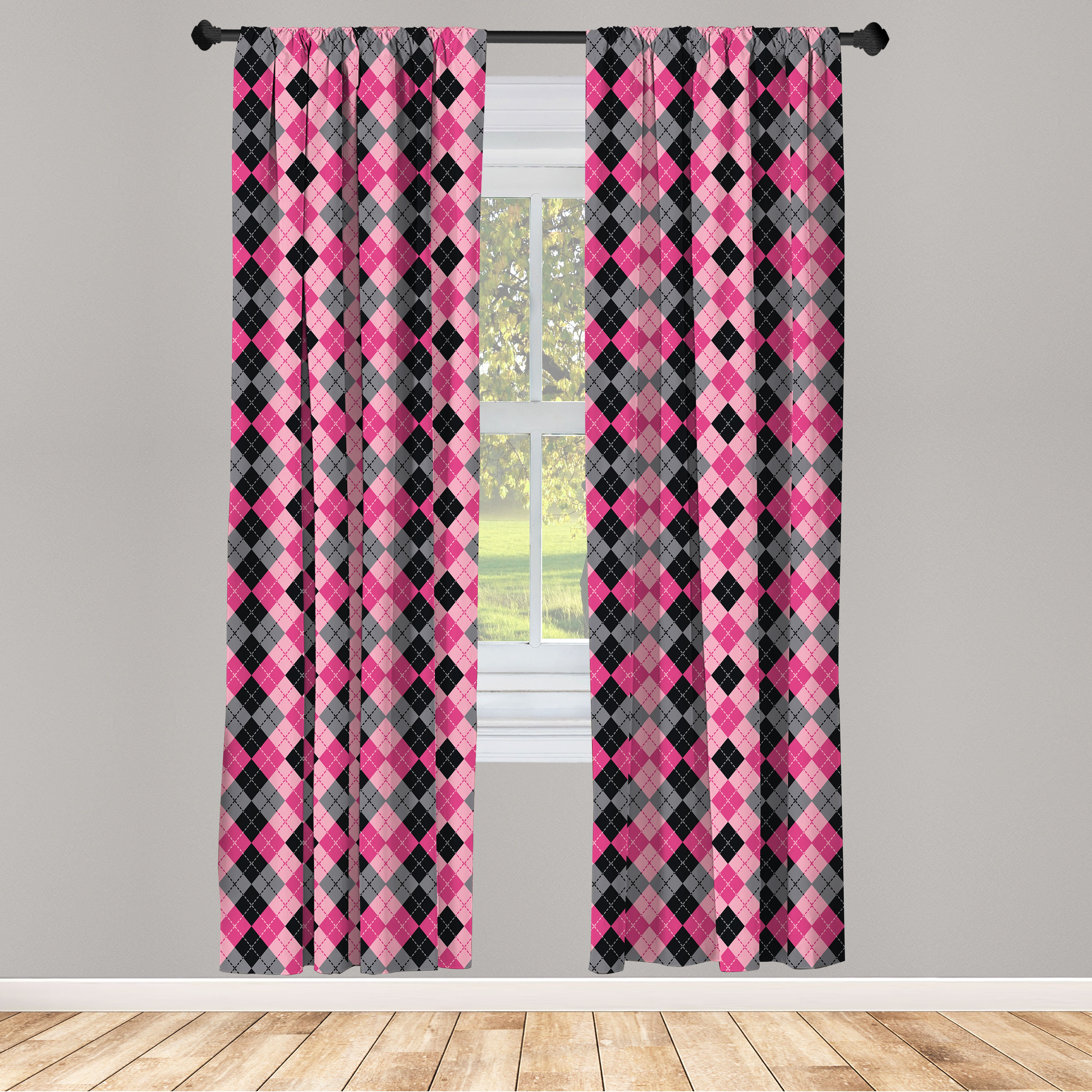 Ambesonne Pink Grey 4-Panel Curtains, Diamonds and Lozenges, Pale Pink ...