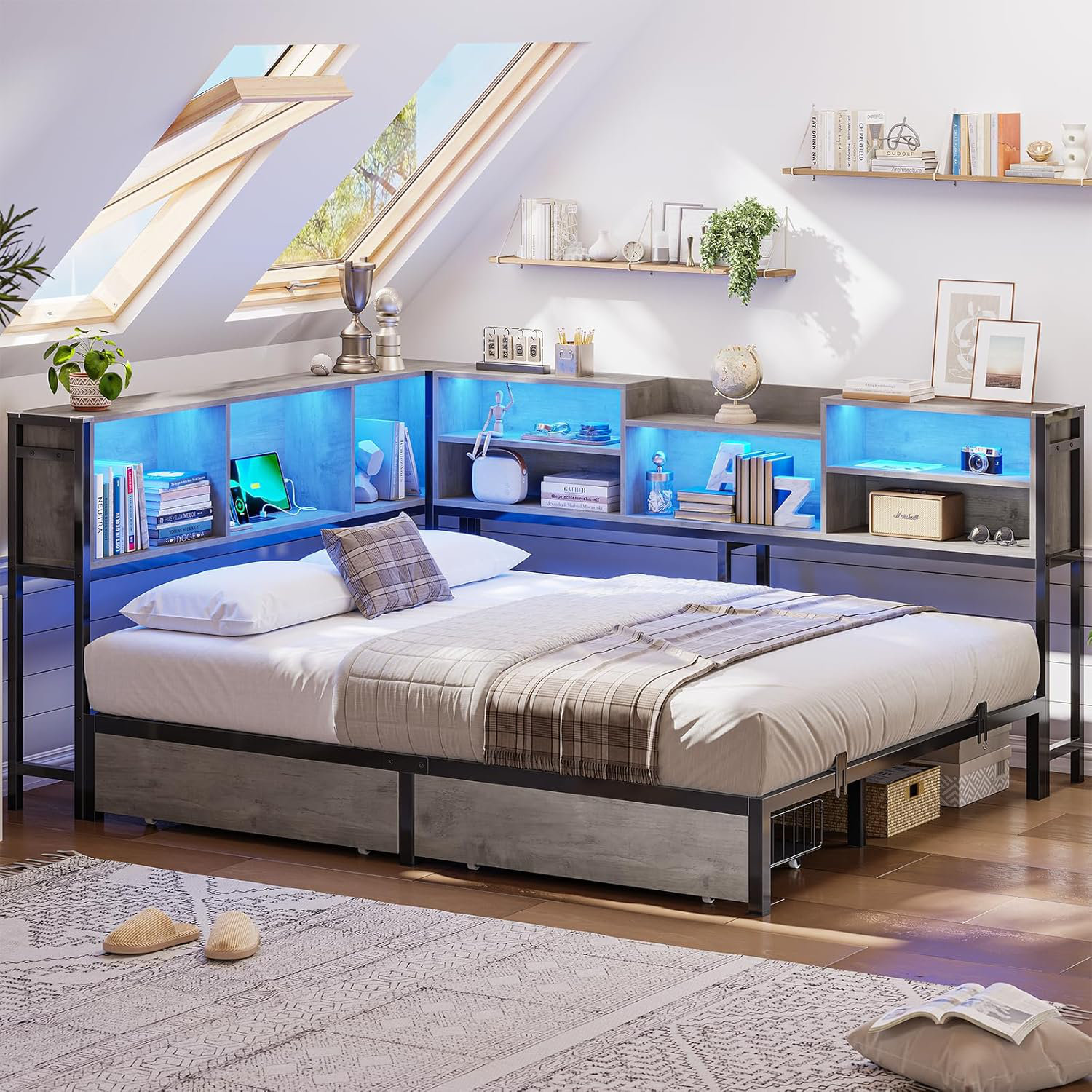 Wrought Studio™ Corner Bed Frame With Storage Bookcase And Led Lights ...