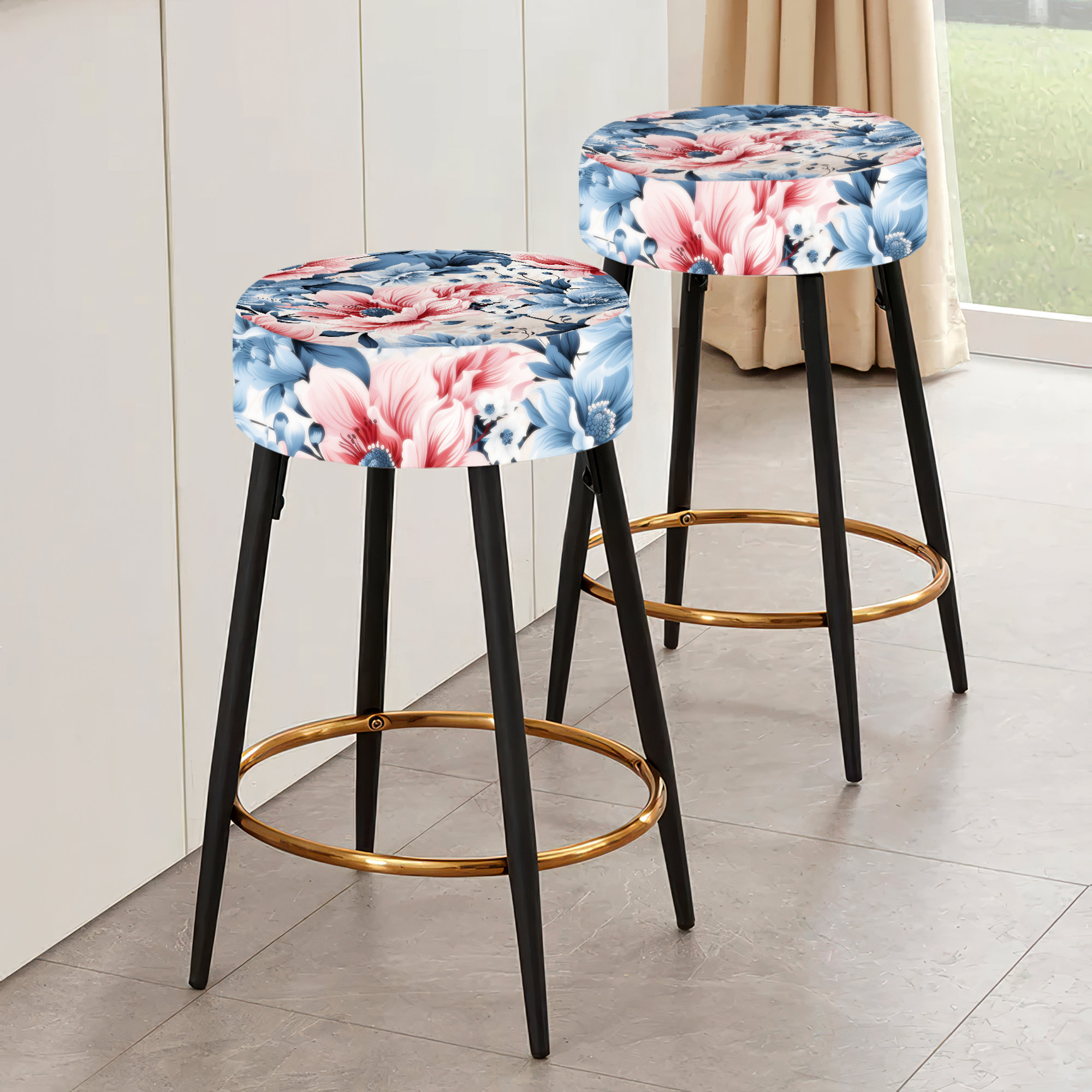 Design Art Pink & Blue Gingham Charm Floral Pattern - Floral Bar Stools ...