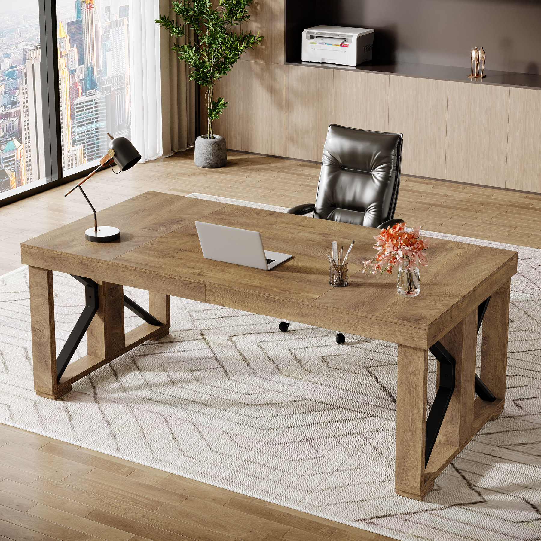 Gracie Oaks 70.86" Executive Computer Desk, Large Wooden Home Office ...