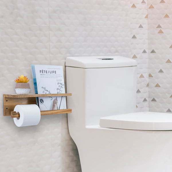 MY GIFT Acacia Wall Mounted Toilet Roll Holder with Magazine Rack ...