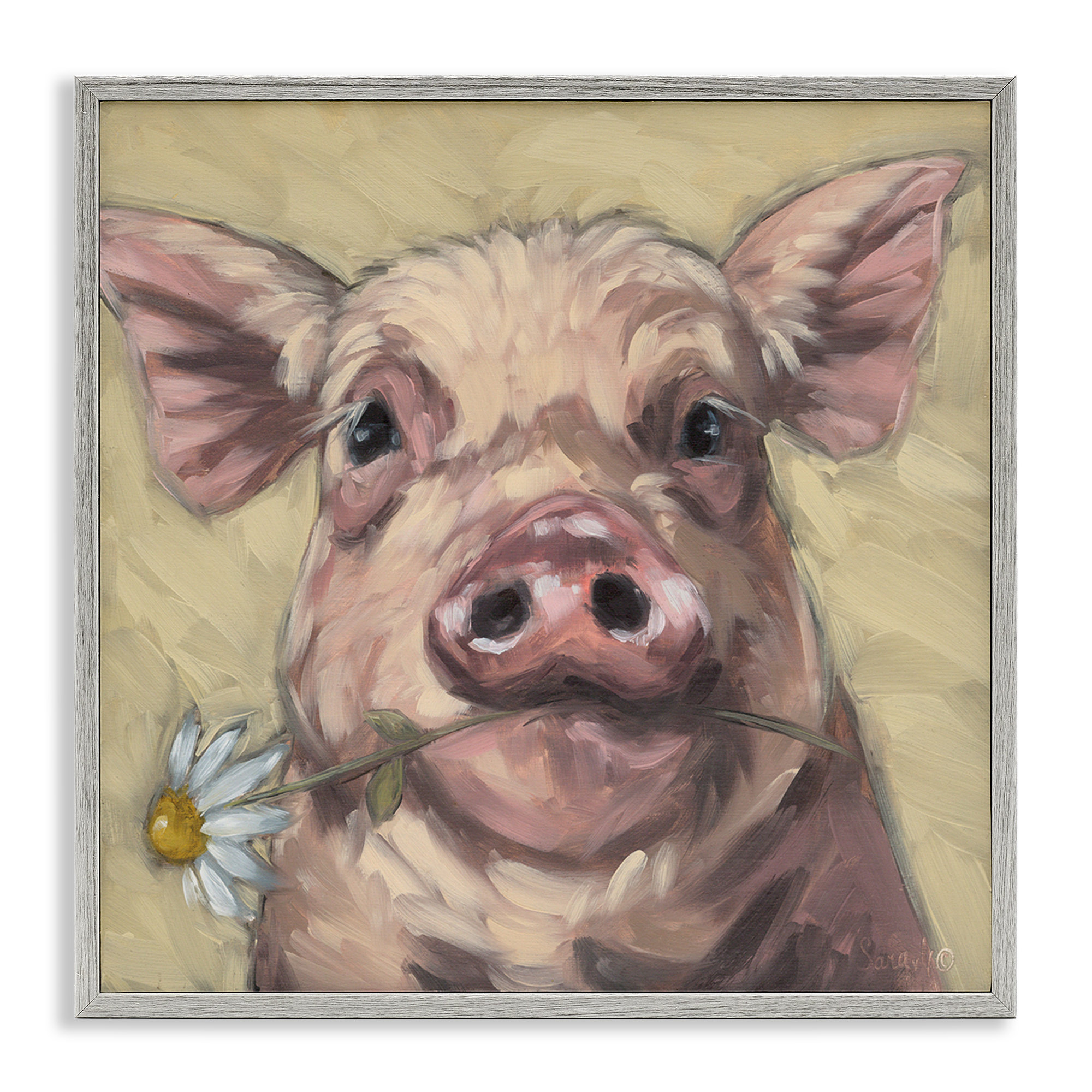 Ophelia & Co. Pig Holding Daisy Sprig Framed Giclee, design by Sara G ...