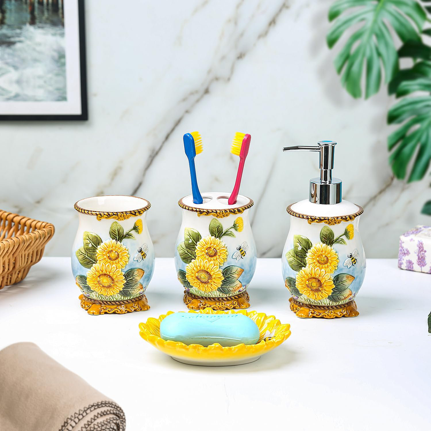 One Allium Way® Ceramic Sunflower Bathroom Accessories Set | Wayfair