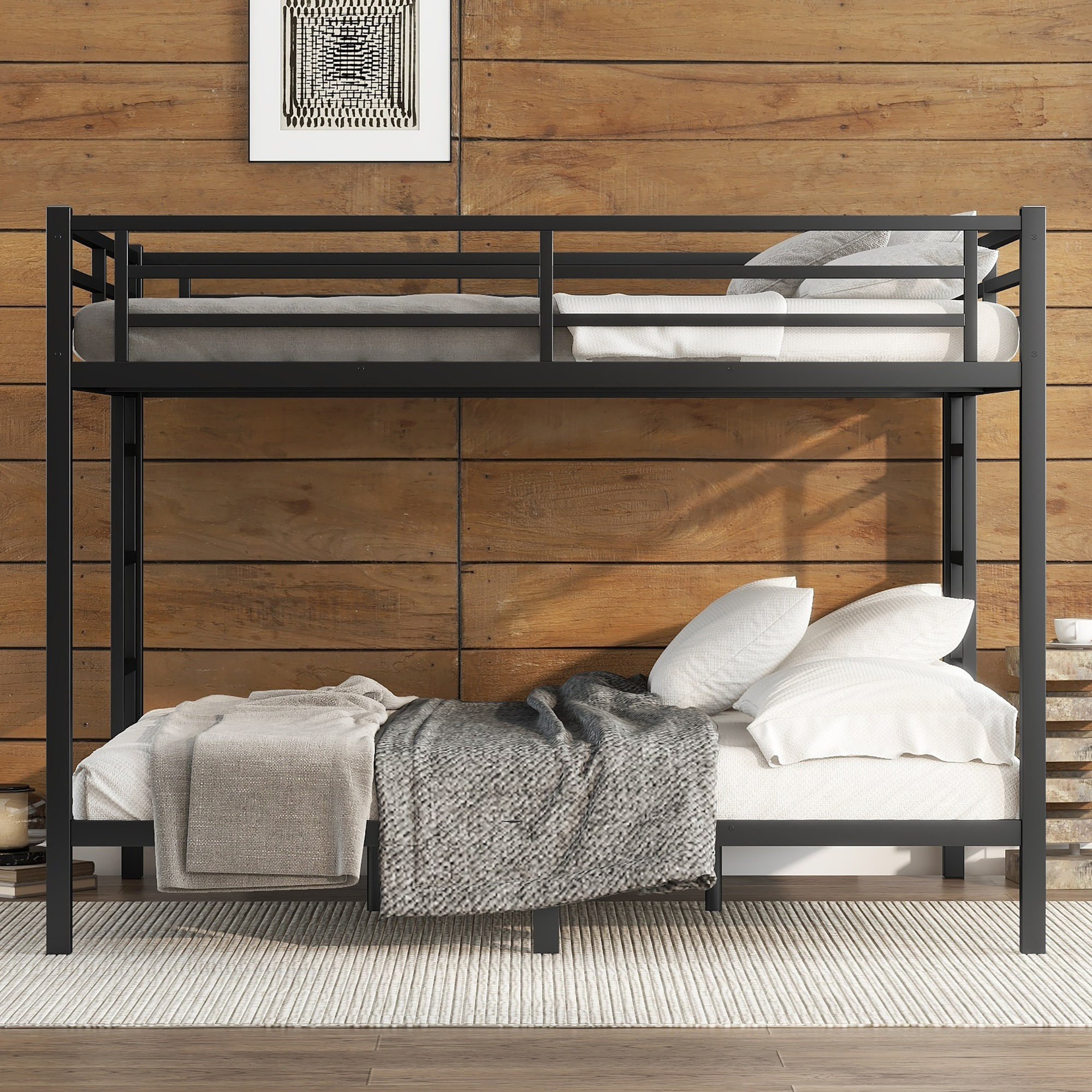 Ivy Bronx Metal Queen over Queen Bunk Bed with Ladder and Guardrails ...