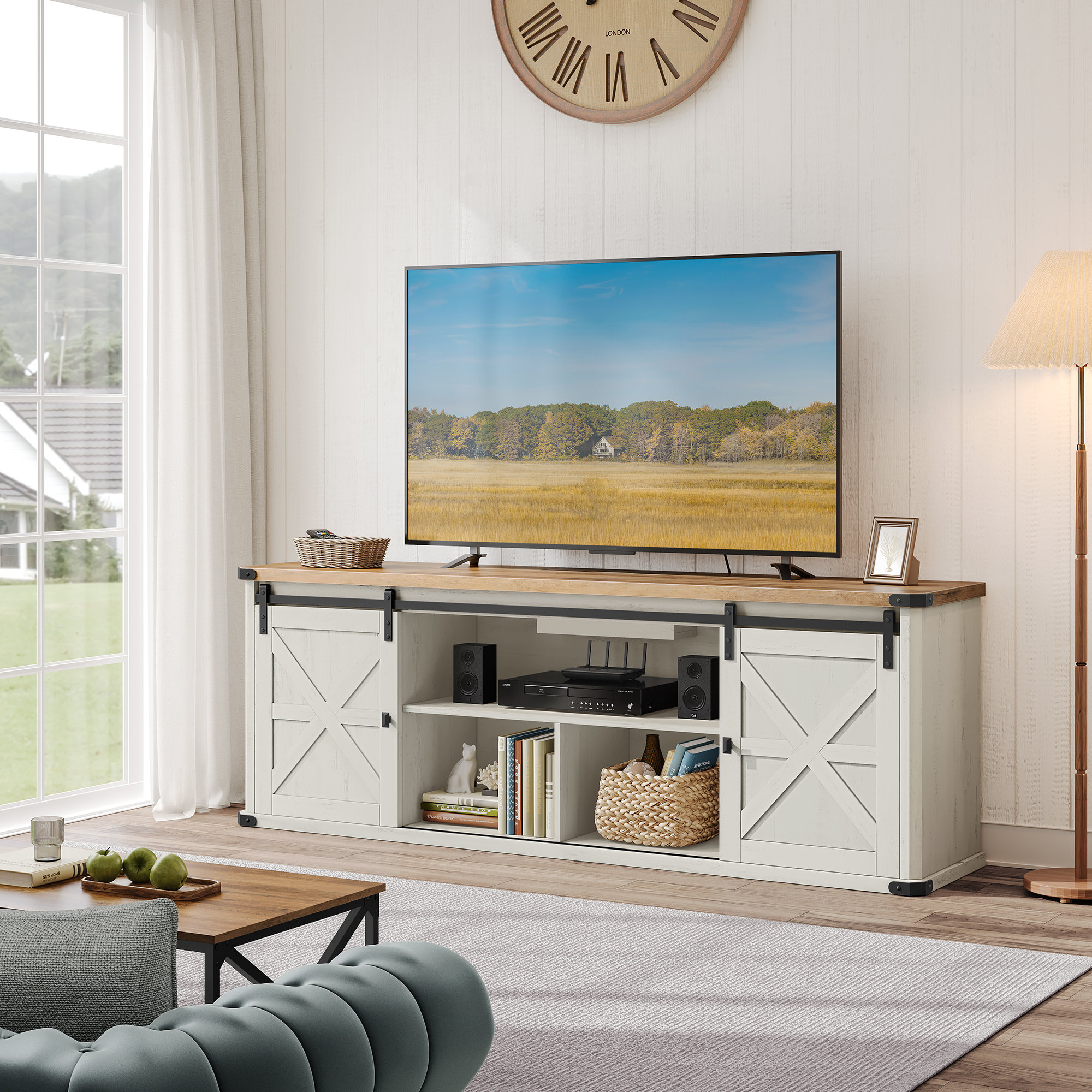 August Grove Cesilee 70'' Farmhouse TV Console with 2 Sliding Barn ...