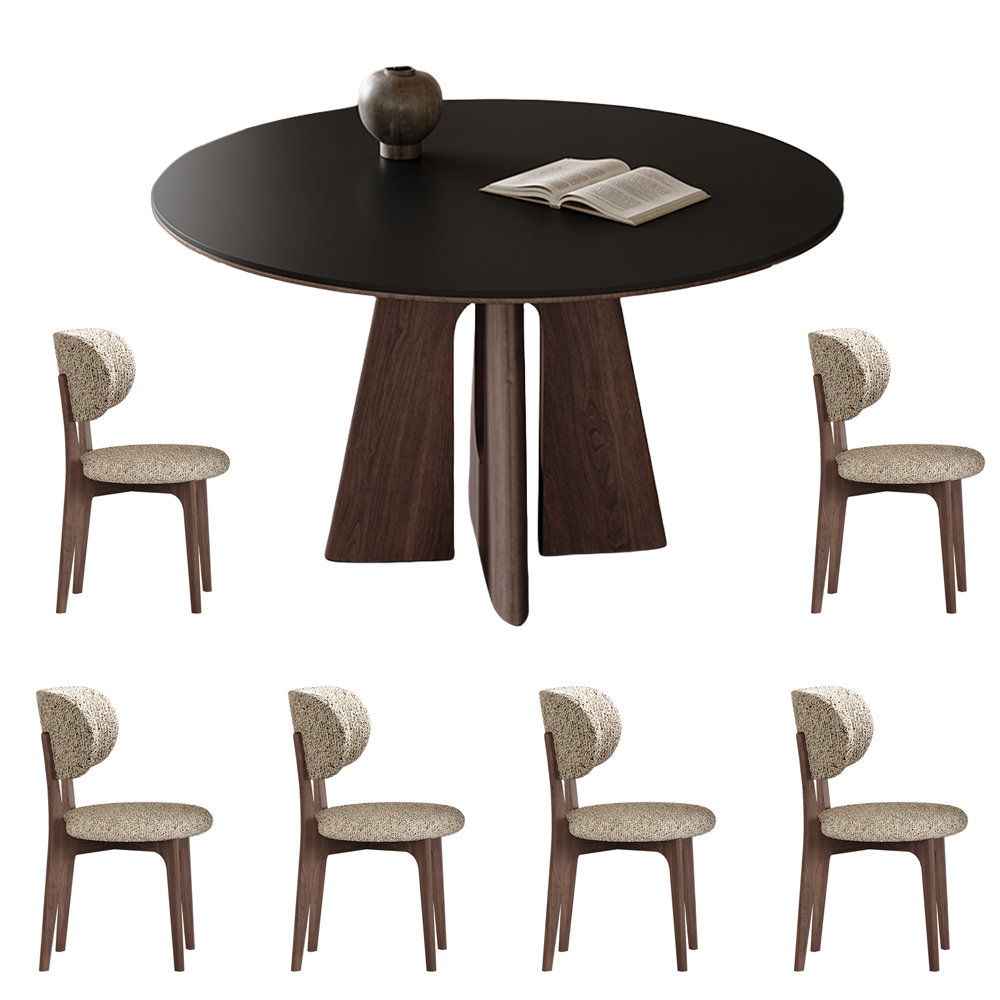 Elamer European Modern Simple Round Dining Table Set 7 - Piece Pedestal ...