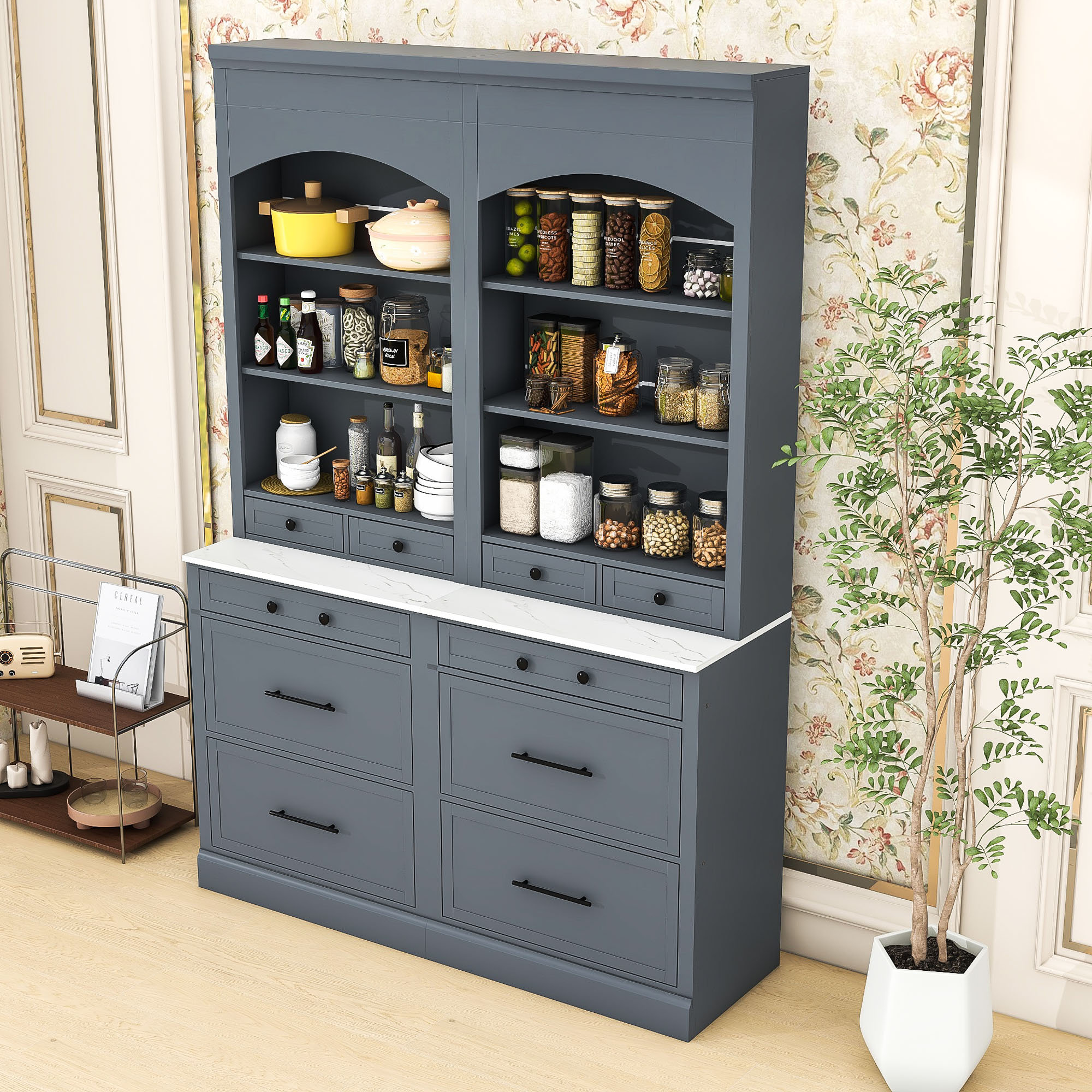 Red Barrel Studio® 2Pcs High Kitchen Pantry with Faux Marble Top ...