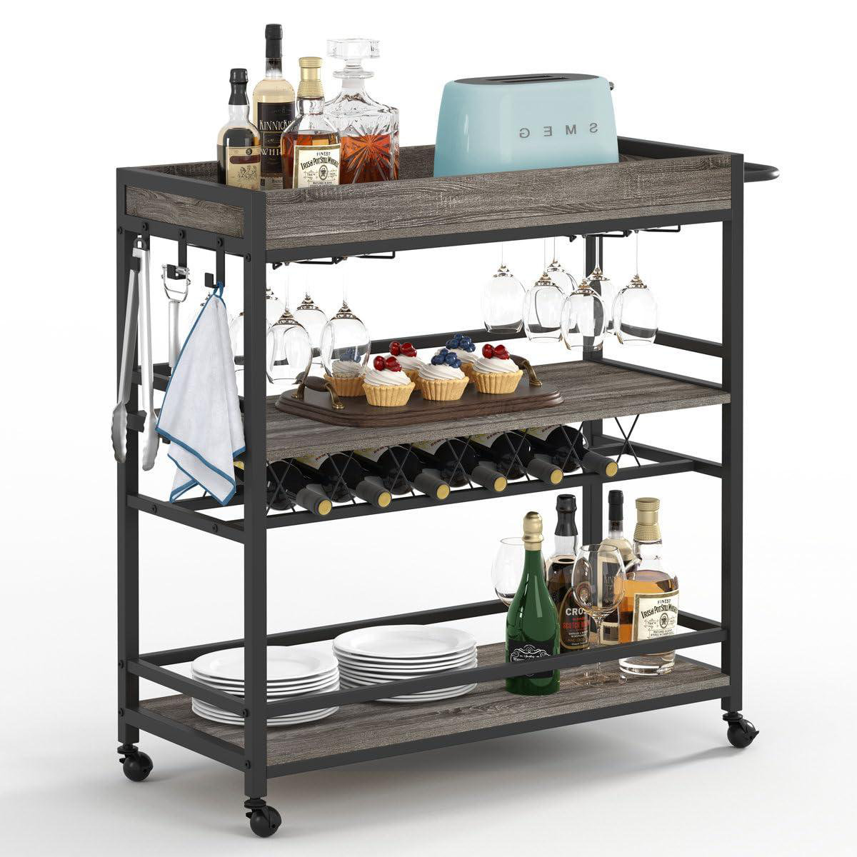 17 Stories Mobile 3-Tier Bar Cart with Wine Rack and Glass Holder | Wayfair