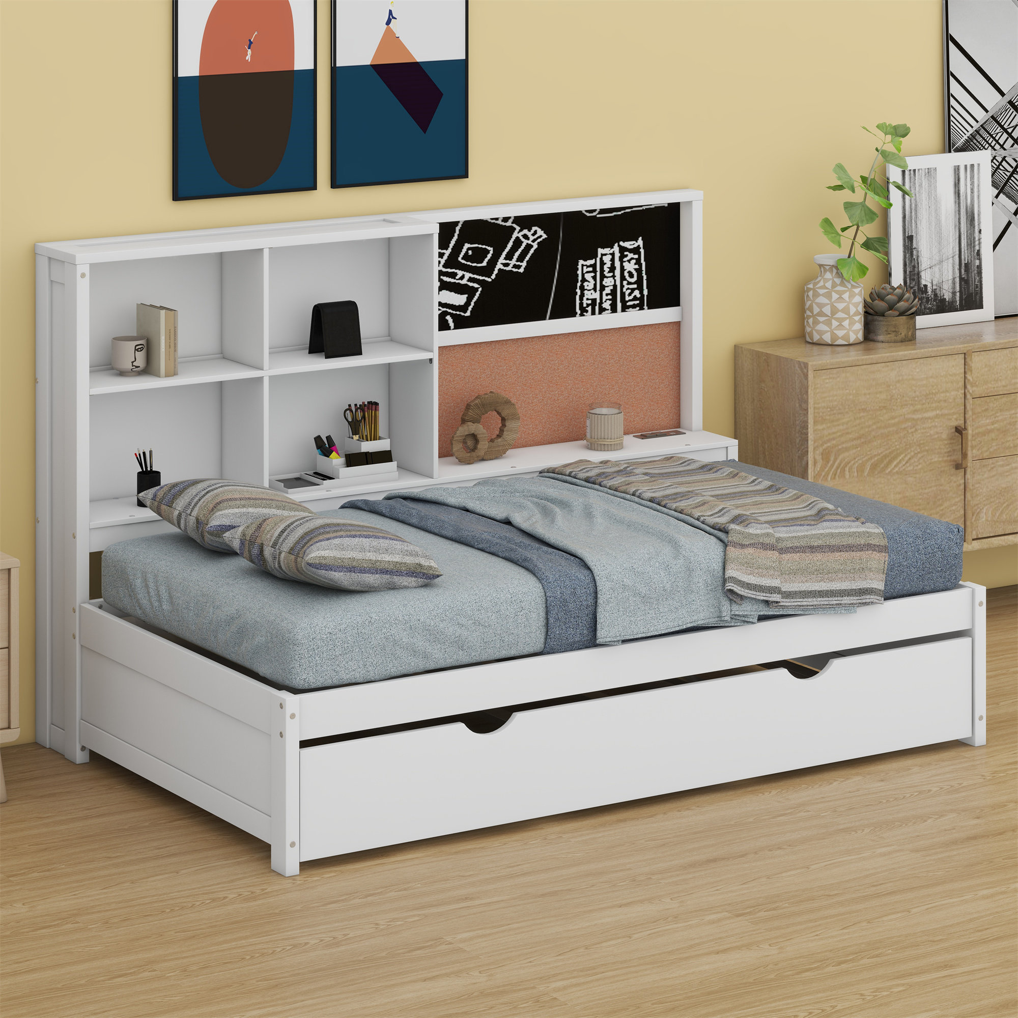 Ivy Bronx Daybed With Storage Shelves, Blackboard, Cork Board, USB Ports And Trundle - Wayfair ...