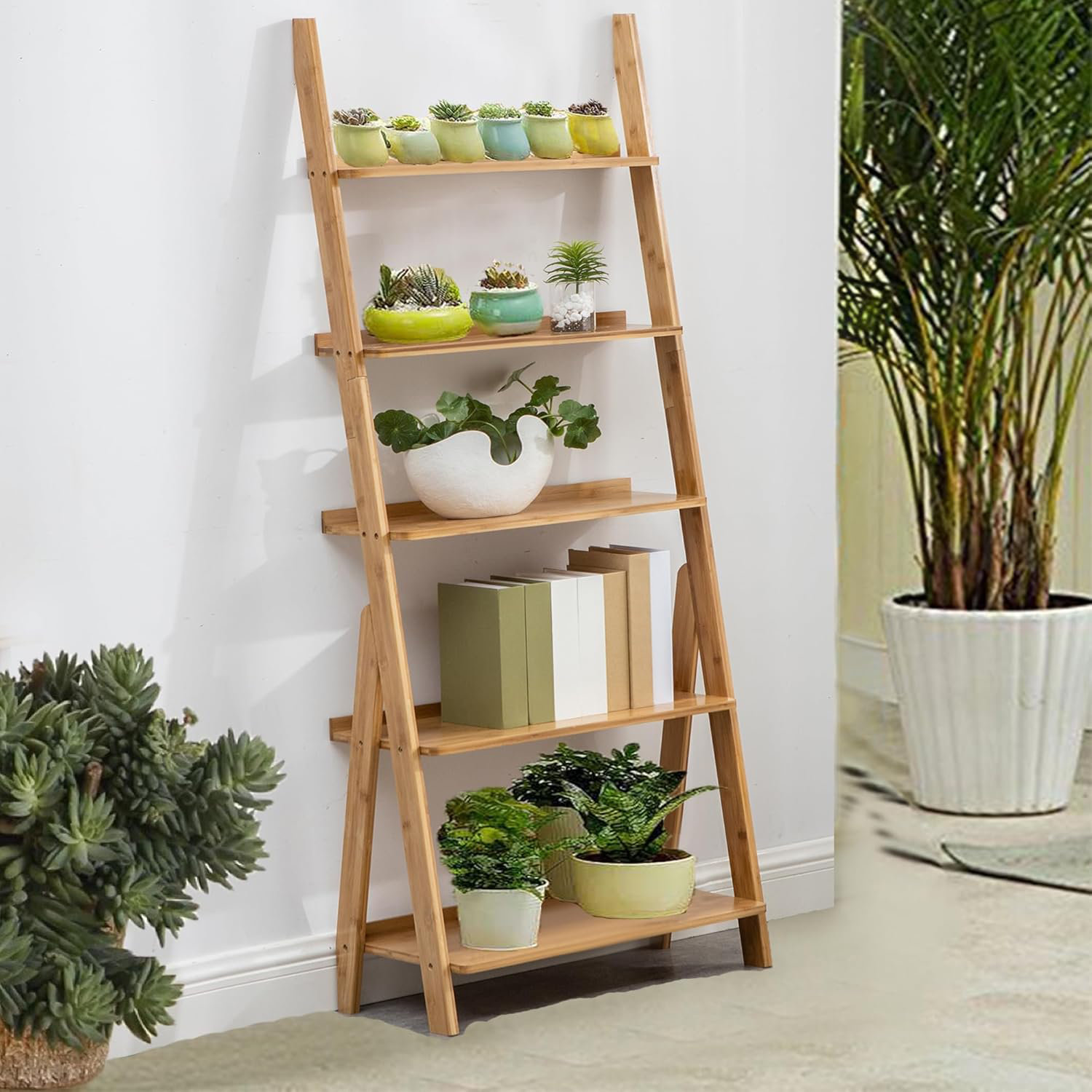 George Oliver 5-Tier Bookshelf Freestanding Storage Rack,Bamboo Ladder ...