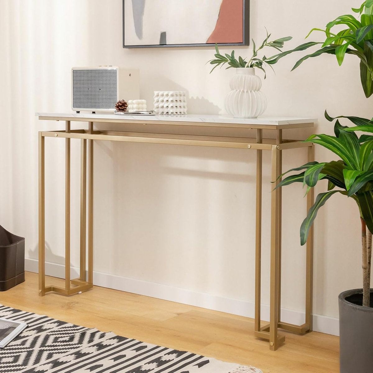 Mercer41 47” Gold Console Table, Narrow Console Table With Faux Marble ...