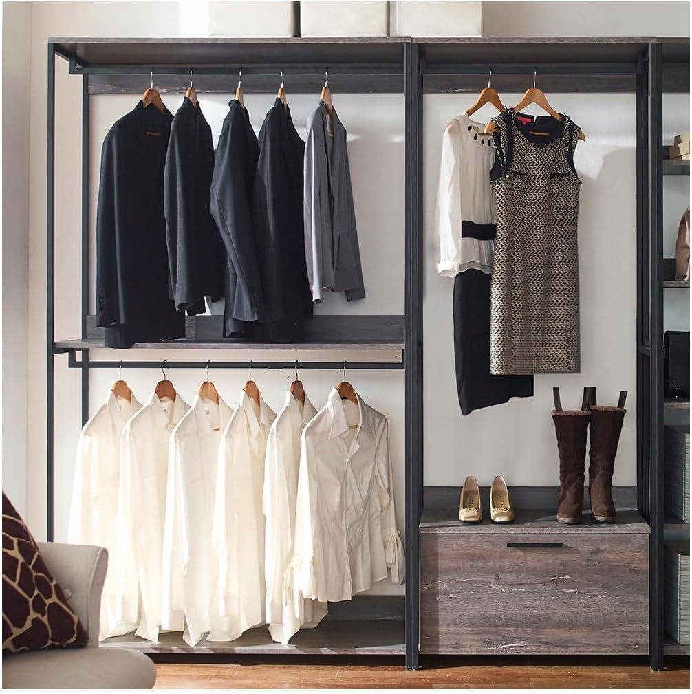 17 Stories Wood Walk in Closet System with Drawer and Black Metal Frame ...
