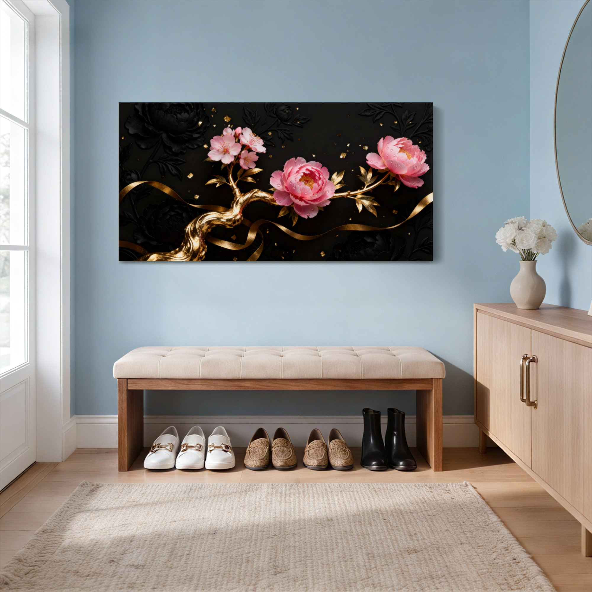 Mercer41 Pink Peony And Gold Vine Floral Canvas Wrapped Wall Art Oil ...