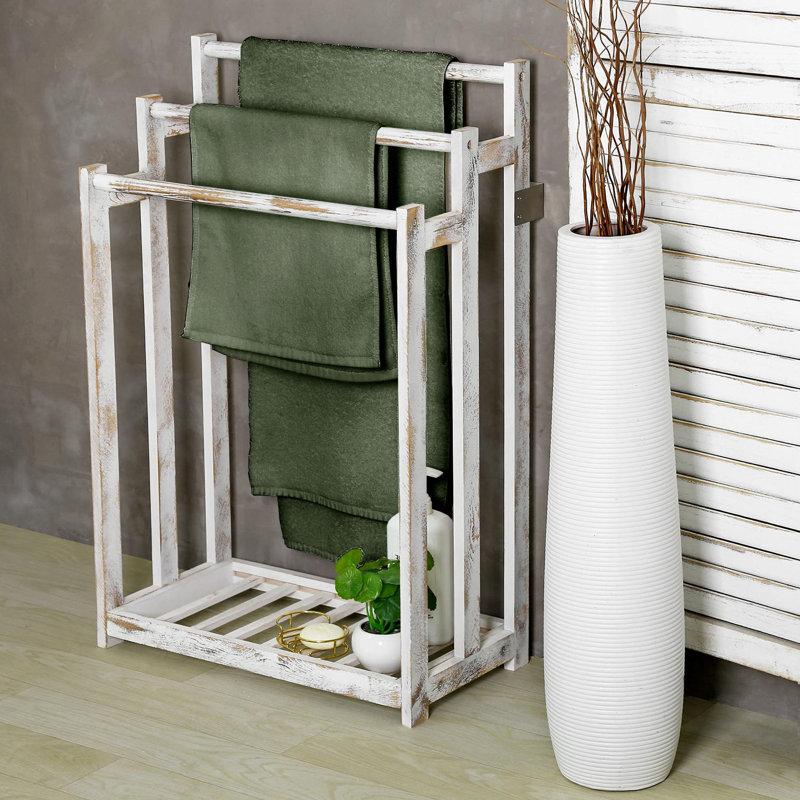 Gracie Oaks Wood Freestanding Blanket Quilts Rack with Bottom Shelf ...